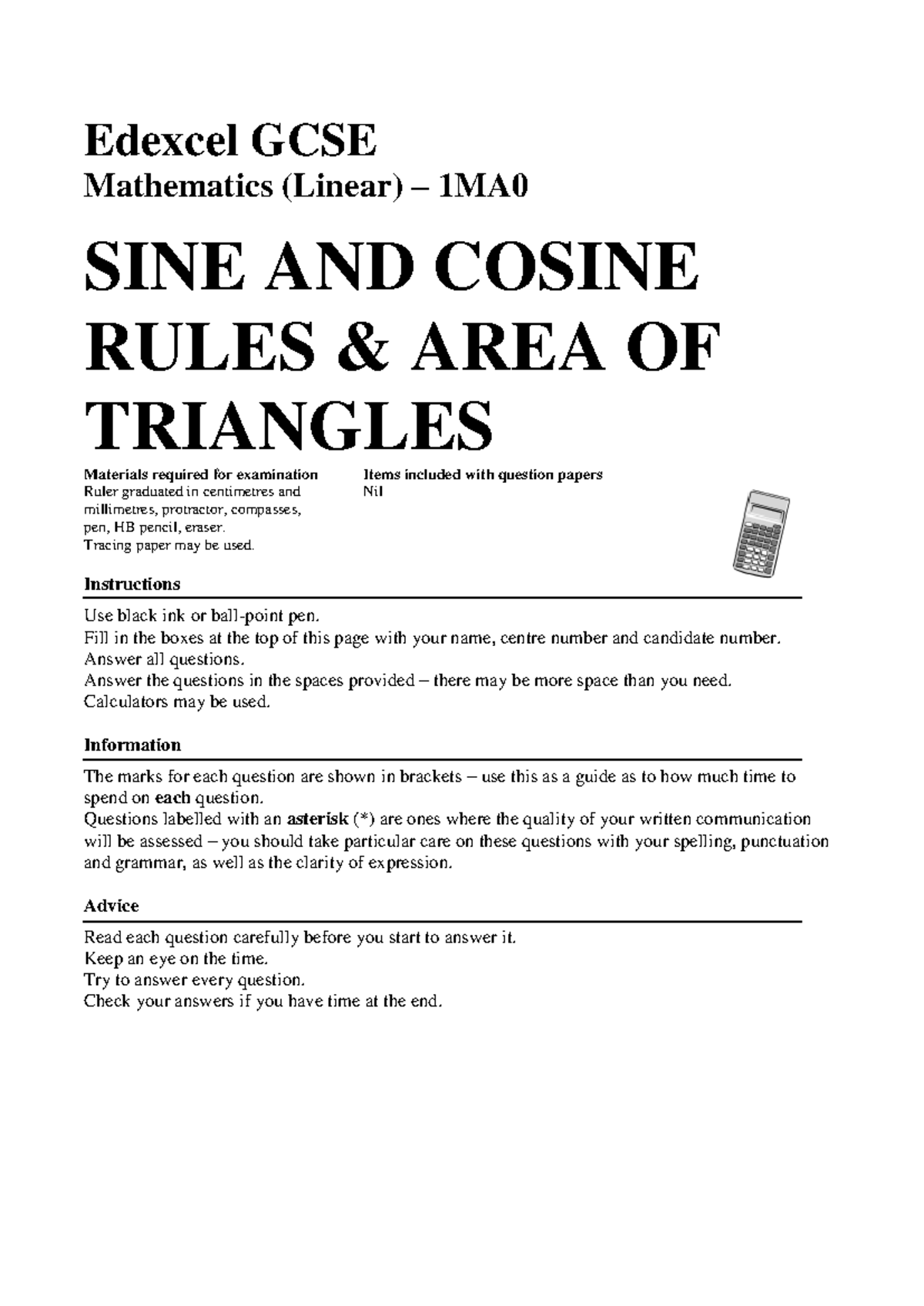 104 sine-cosine-area - kk kk - Edexcel GCSE Mathematics (Linear) – 1MA SINE AND COSINE RULES ...