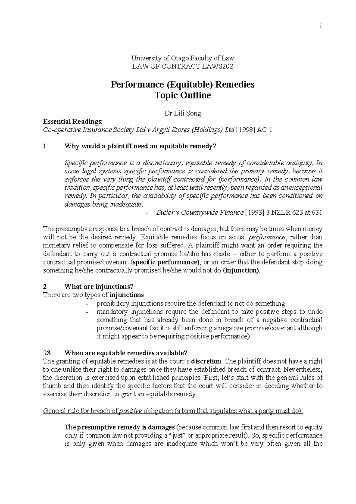 Performance (Equitable) Remedies Outline - 1 University of Otago ...