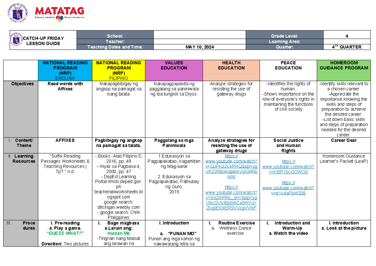 Grade 4 Catch UP MAY 10,2024 - CATCH-UP FRIDAY LESSON GUIDE School ...
