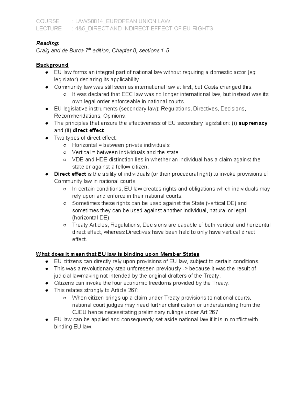 Laws0014 Lecture 4and5 Direct And Indirect Effect Of Eu Rights In National Courts Lecture