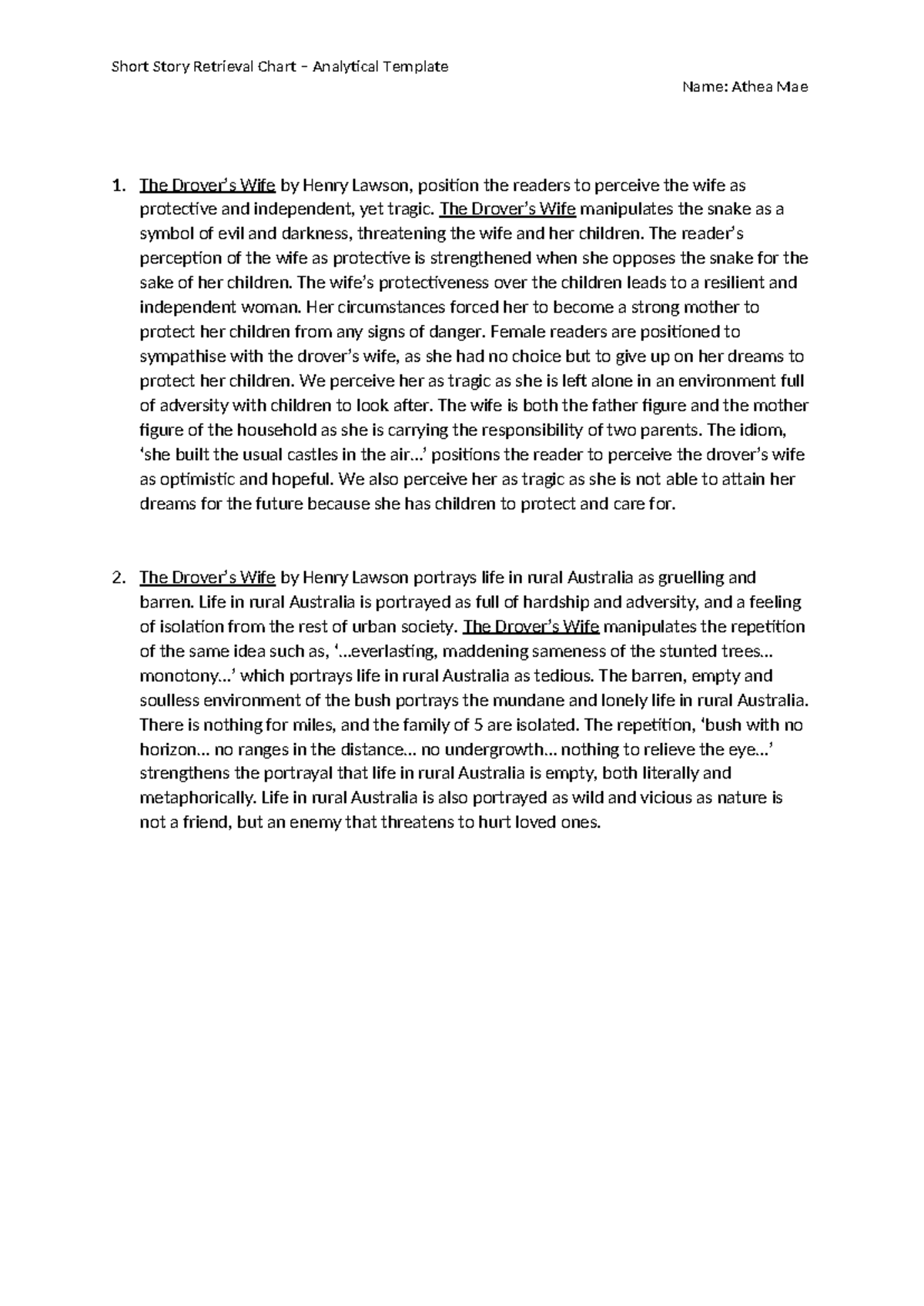 Drovers Wife Retrieval Chart - Short Story Retrieval Chart – Analytical ...