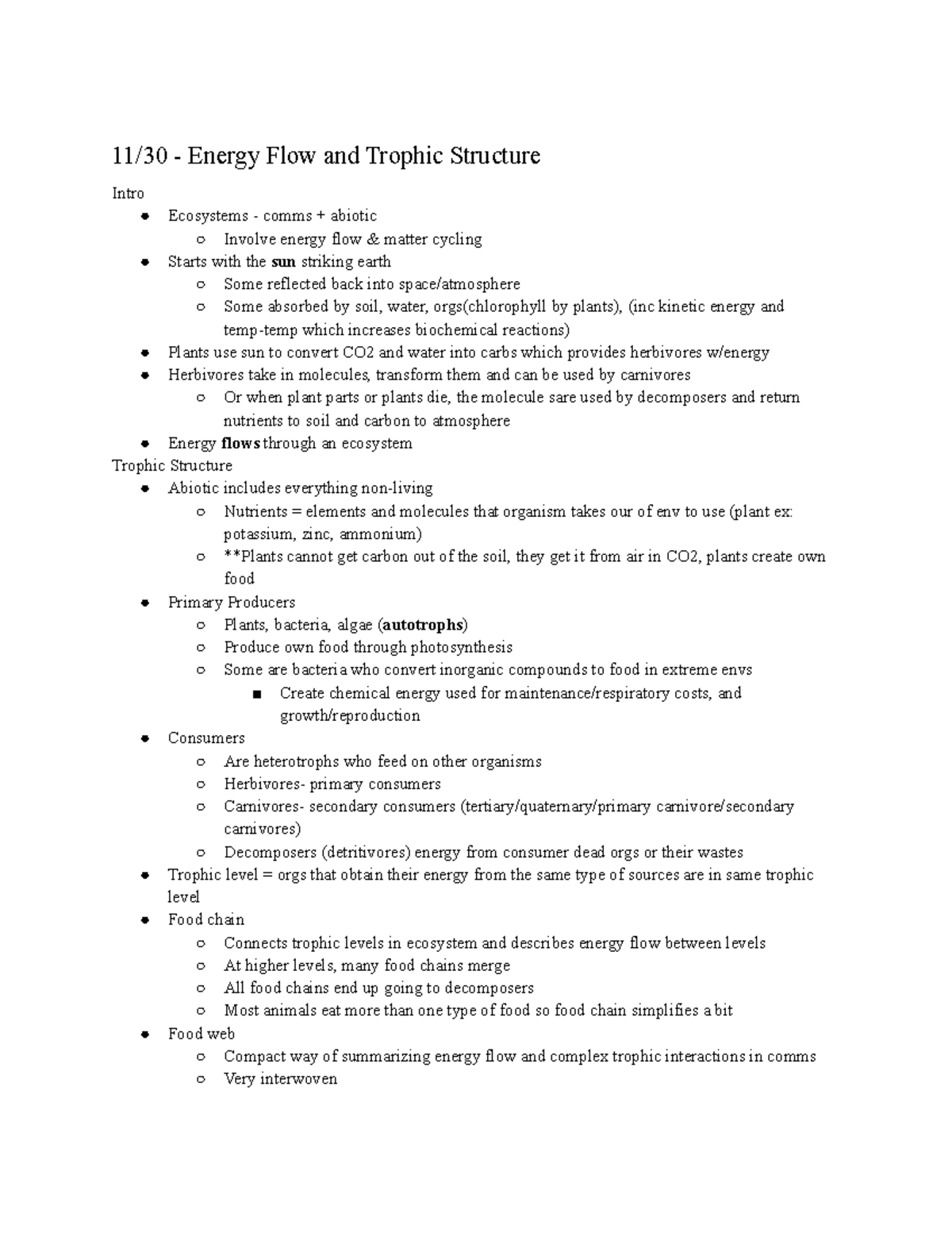 Bio 114 Energy Flow Notes - 11/30 - Energy Flow and Trophic Structure ...