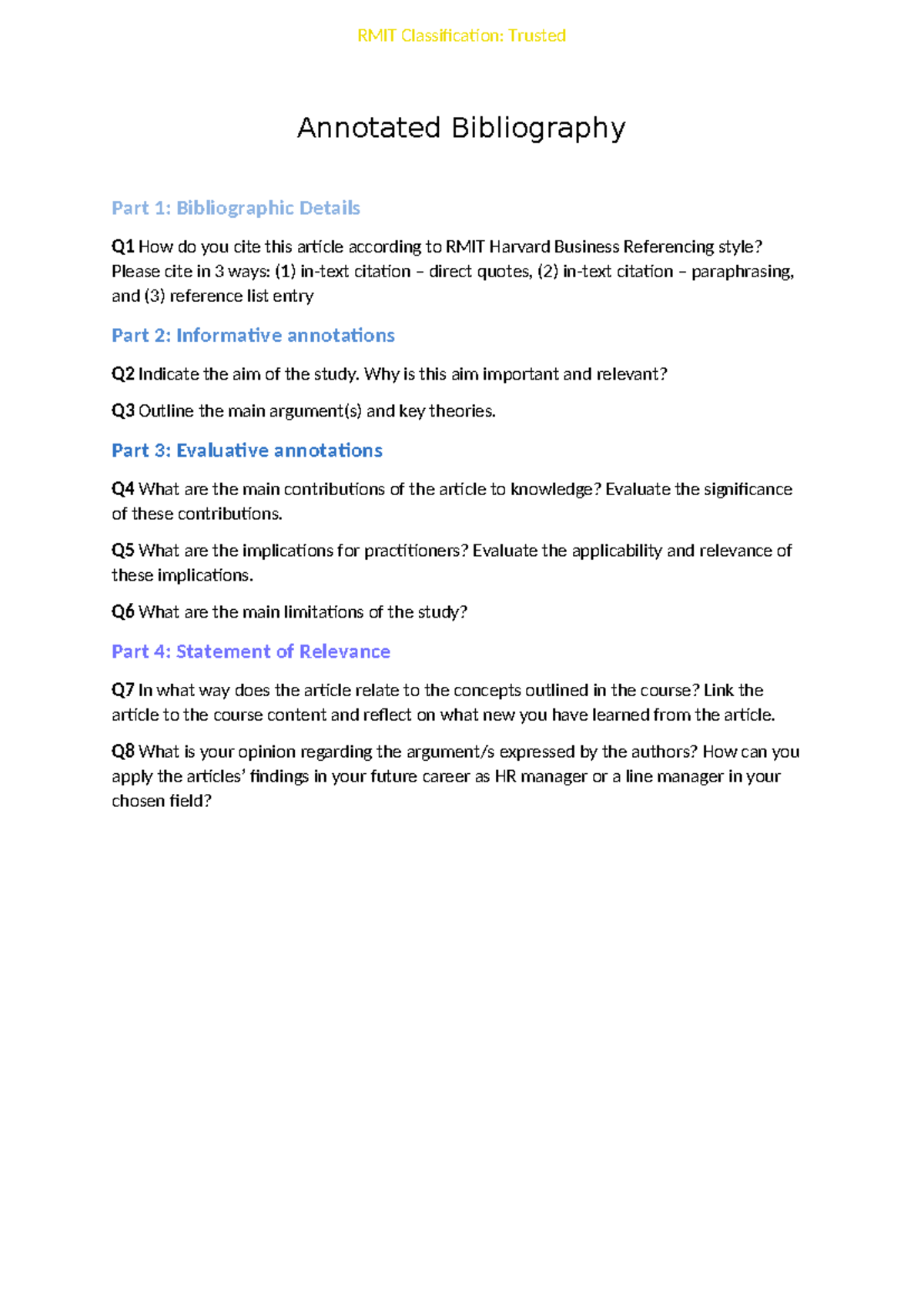 Annotated Bibliography - Questions-1 - RMIT Classification: Trusted ...