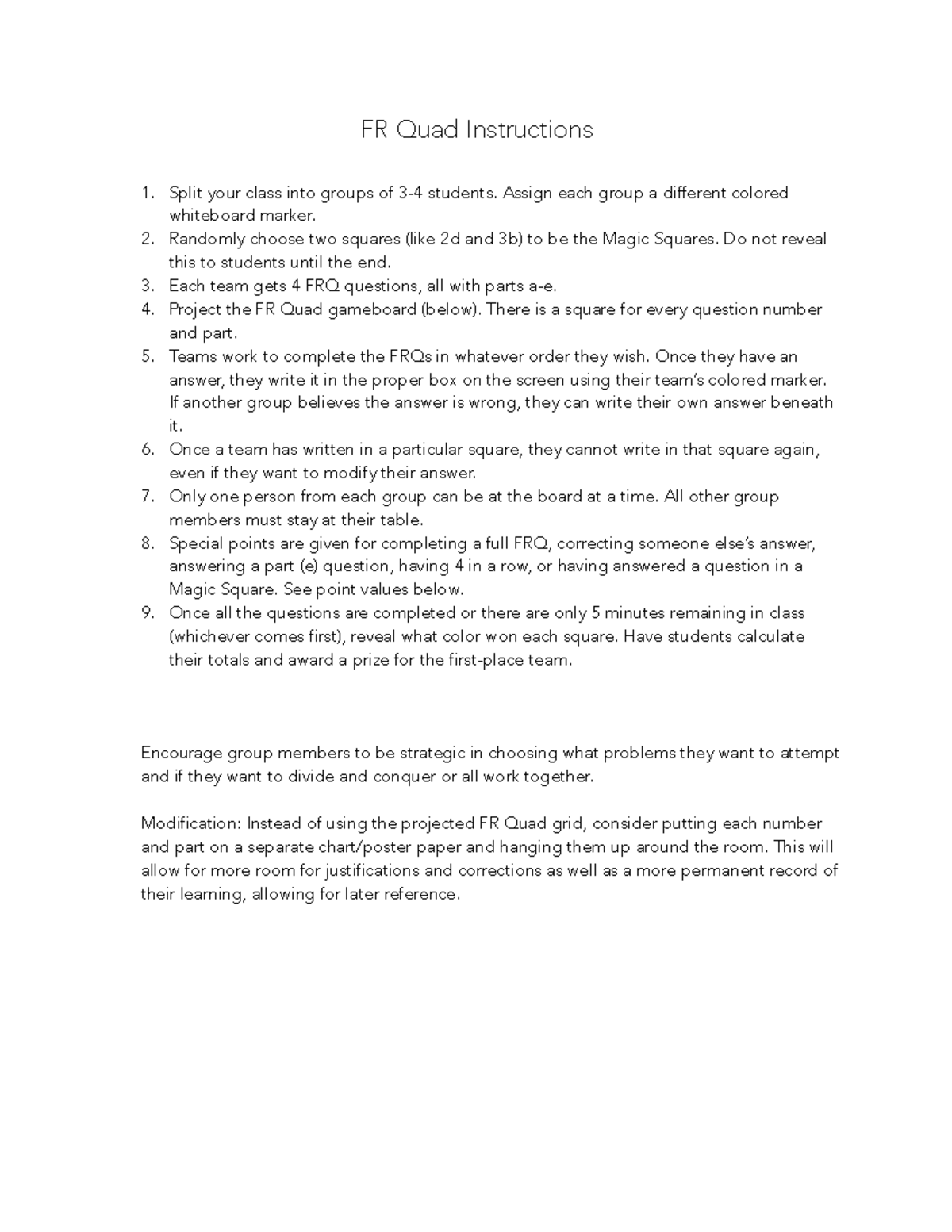 Unit A FRQ Review k EY - FR Quad Instructions Split your class into ...