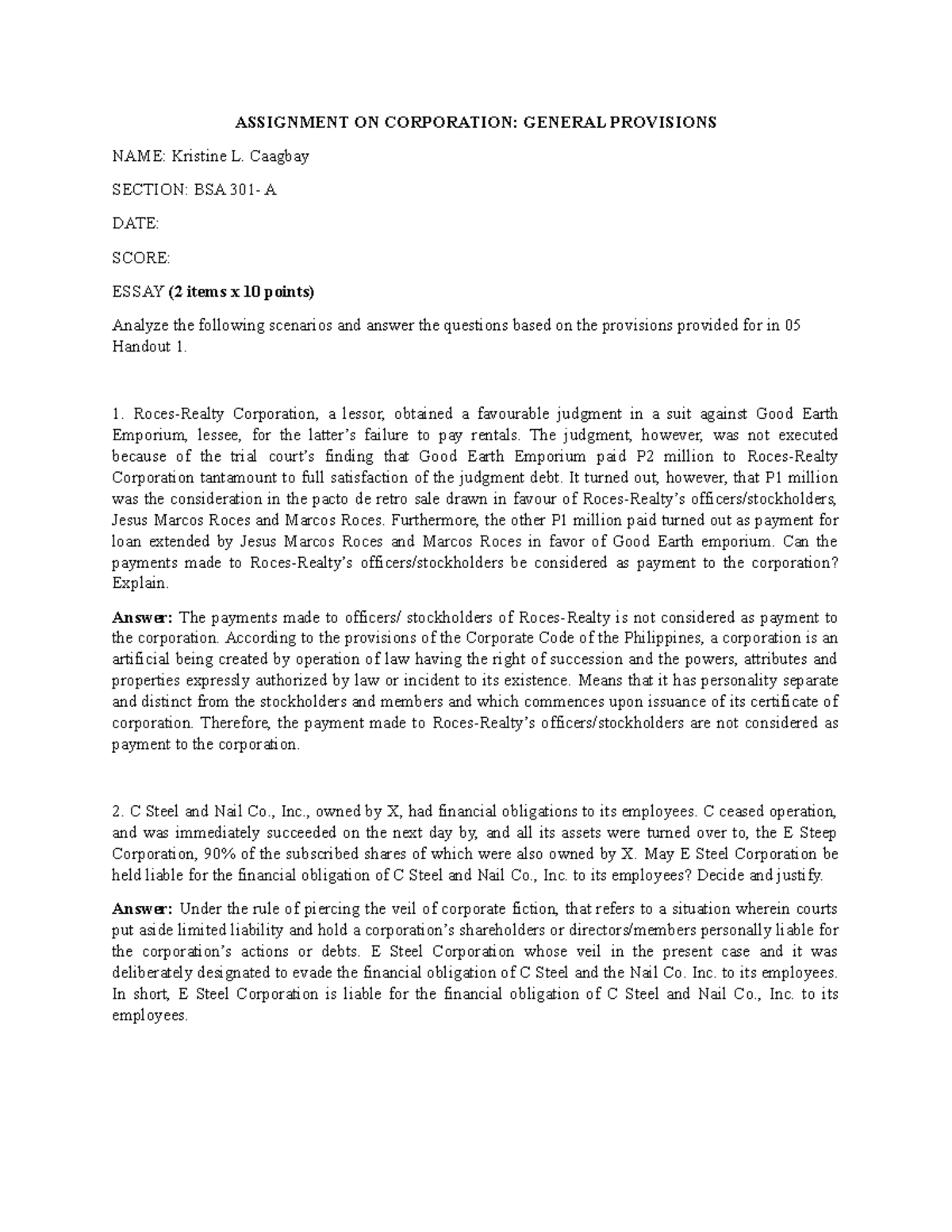 Assignment ON Corporation - ASSIGNMENT ON CORPORATION: GENERAL ...