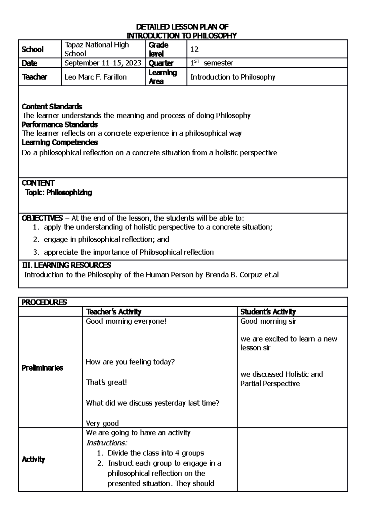 Phi L 2 - DLP - DETAILED LESSON PLAN OF INTRODUCTION TO PHILOSOPHY ...