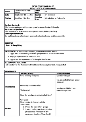 Phi L 3 - DLP - DETAILED LESSON PLAN OF INTRODUCTION TO PHILOSOPHY ...