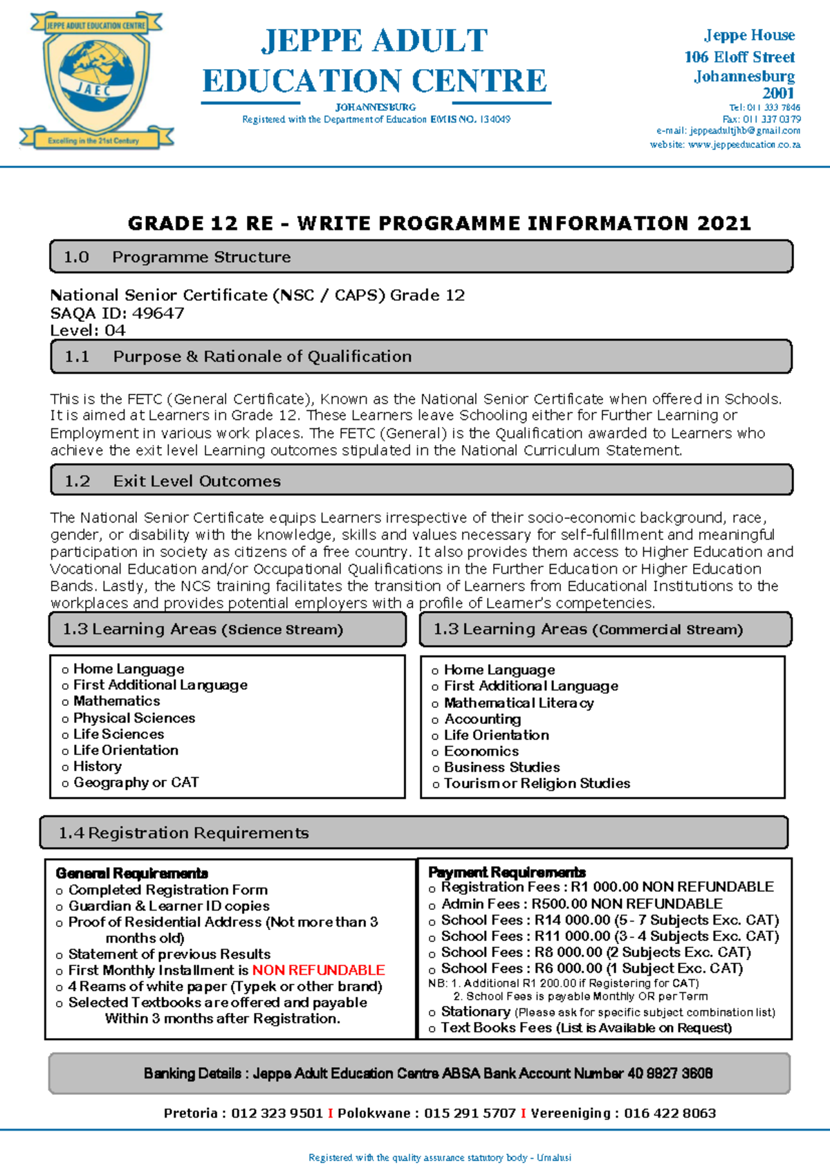 Grade 12 Re Write NSC - JEPPE ADULT EDUCATION CENTRE Jeppe House 106 ...