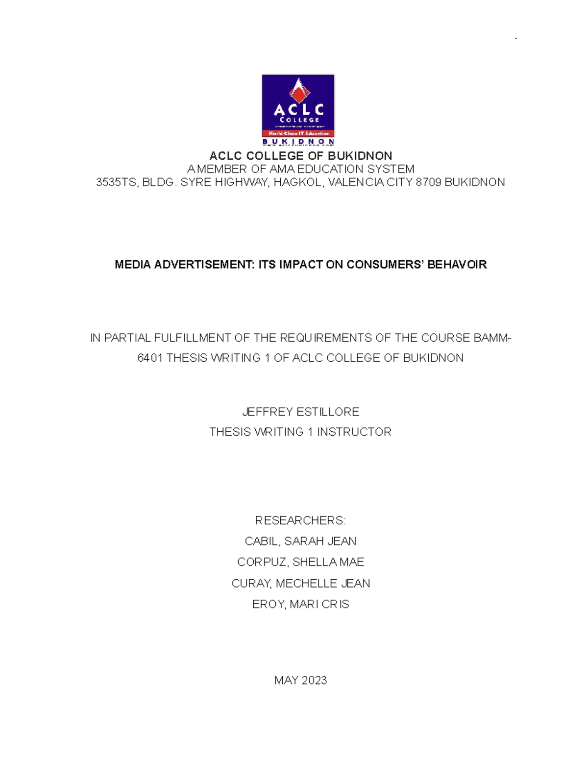 Final- Thesis - parts of the research - ACLC COLLEGE OF BUKIDNON A ...