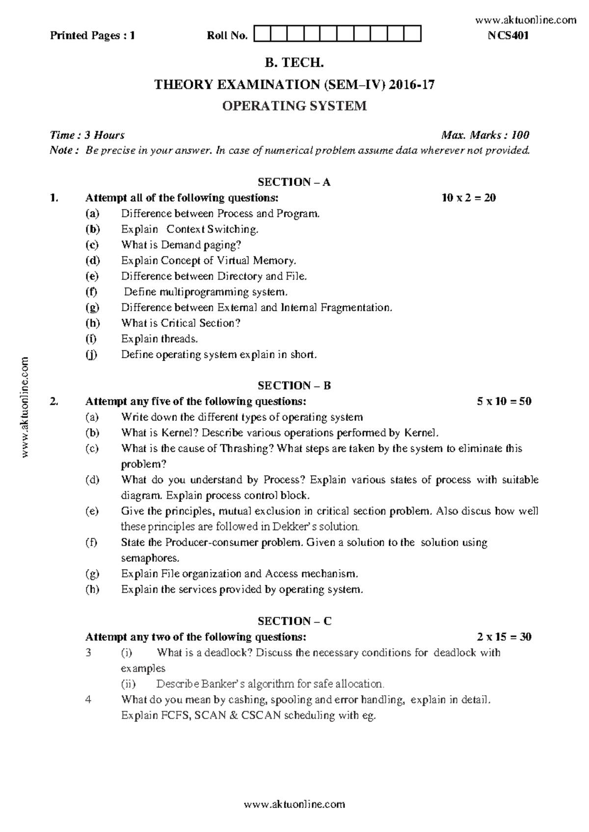 Btech cs 4 sem operating system ncs 401 2017 - Printed Pages : 1 Roll No. NCS B. TECH. THEORY ...