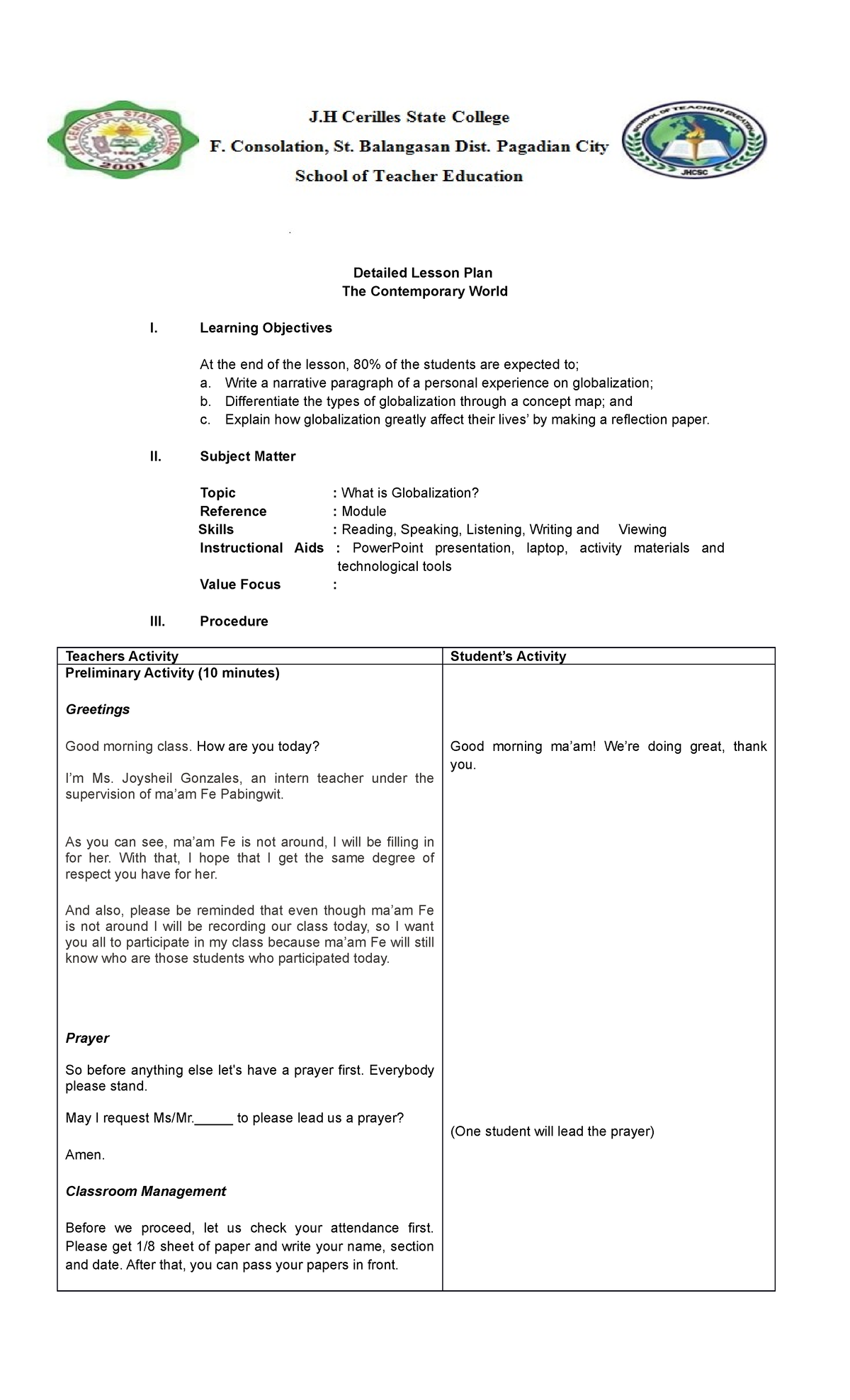 Detailed LP Contempo 1 - Review - Detailed Lesson Plan The Contemporary ...