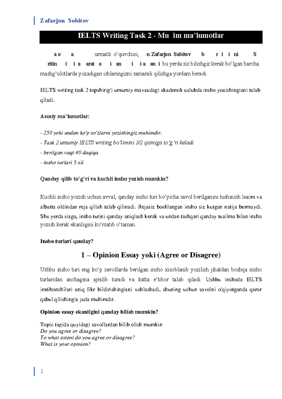 Task 2 by zafar sobitov - IELTS Writing Task 2 - Muhim ma’lumotlar Assalomu aleykum xurmatli ...