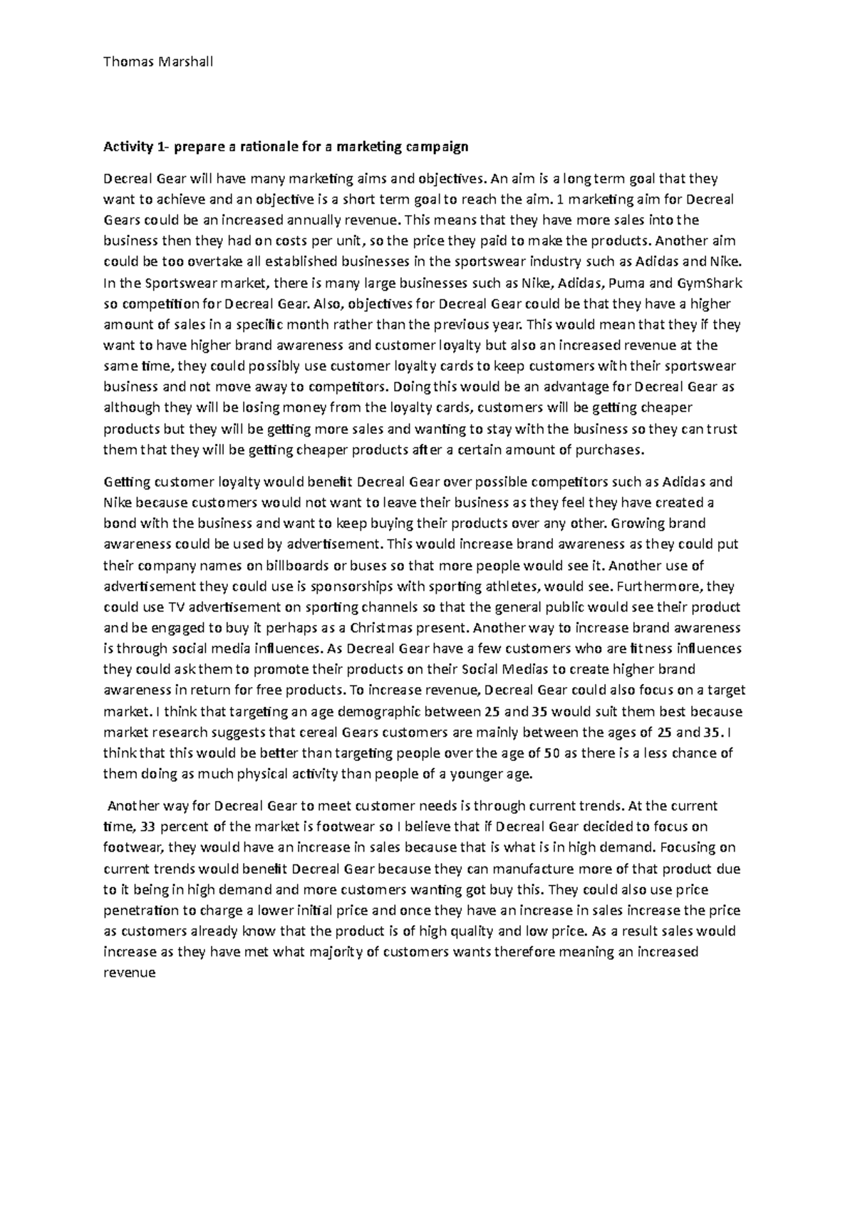 Business BTEC UNIT 2 Final EXAM Activity 1 - Thomas Marshall Activity 1 ...