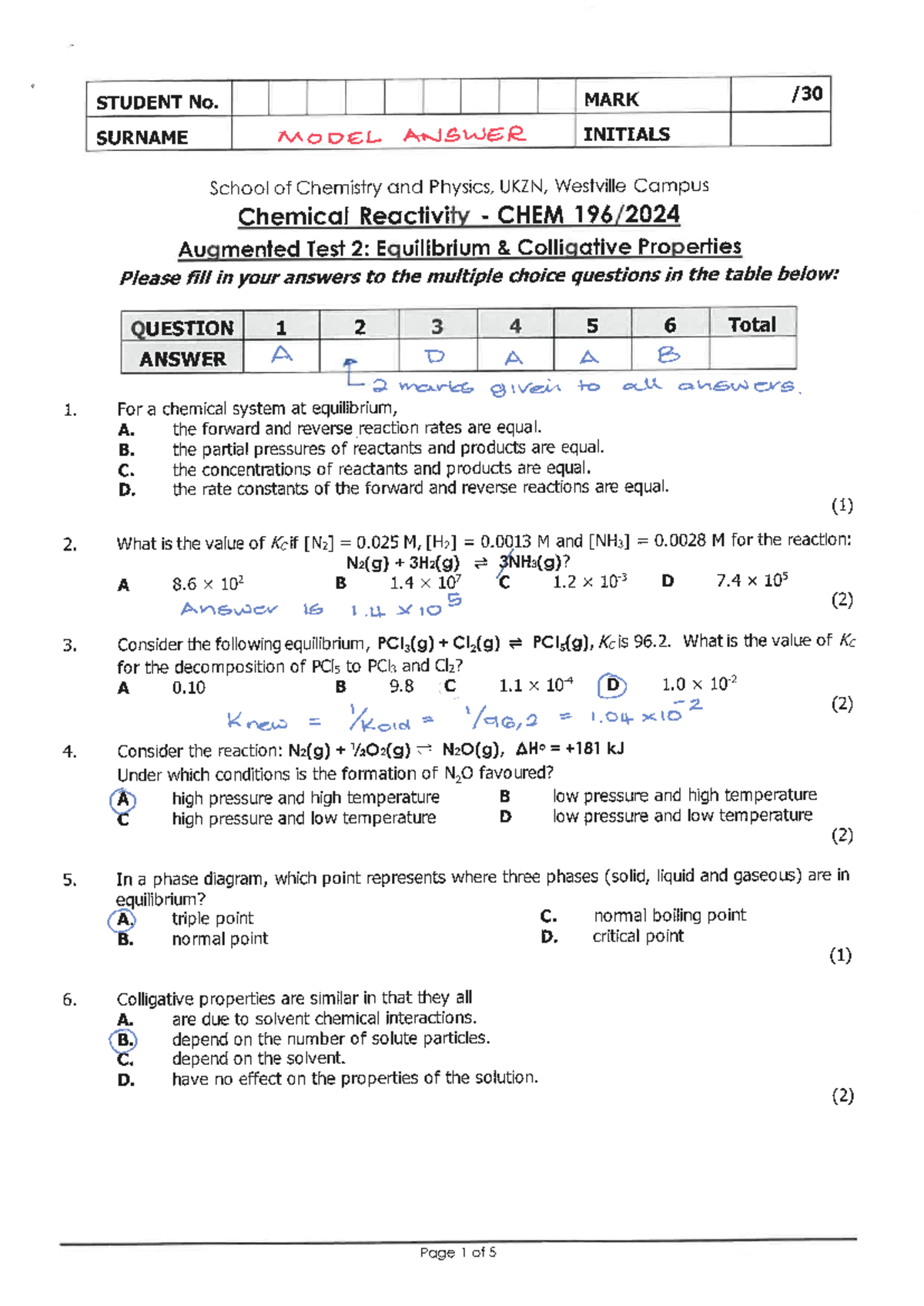 Test 2 Solutions - extra notes - STUDENT No. MARK SURNAME MODEL ANSWER ...