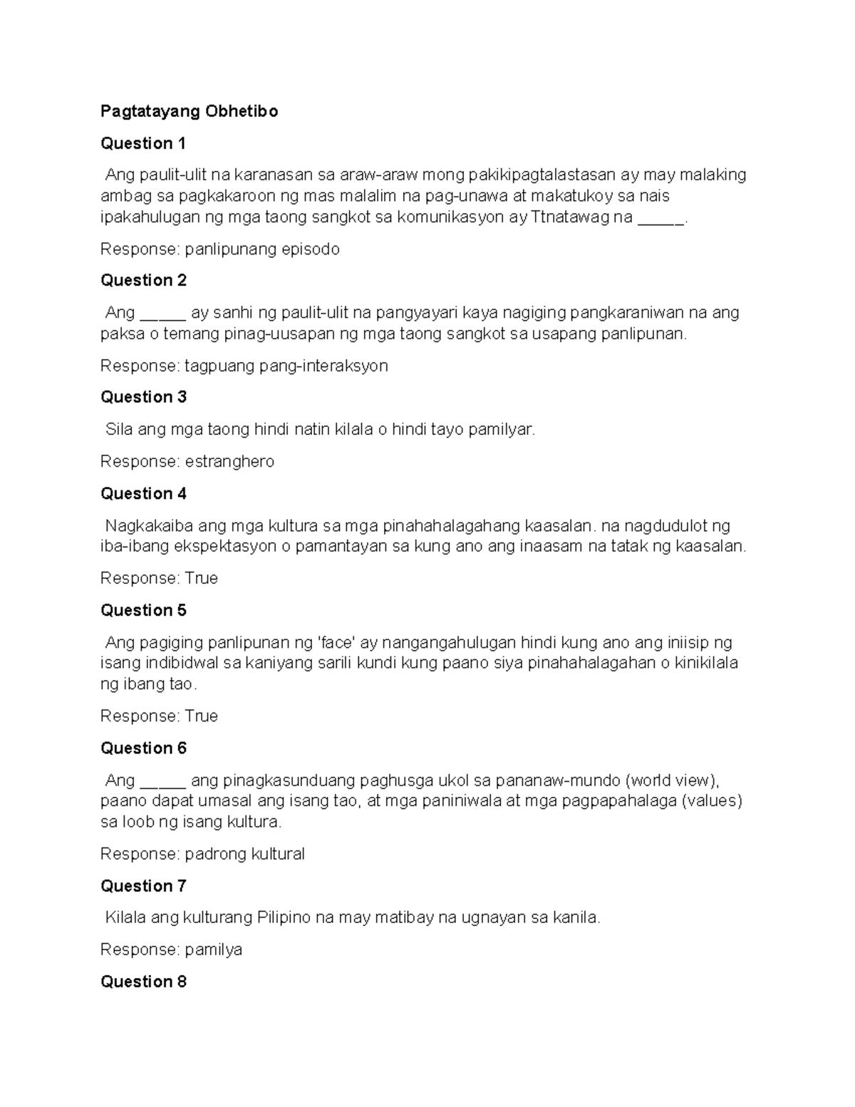 Pagtatayang Obhetibo - Course work for Diskurso sa Filipino and ...