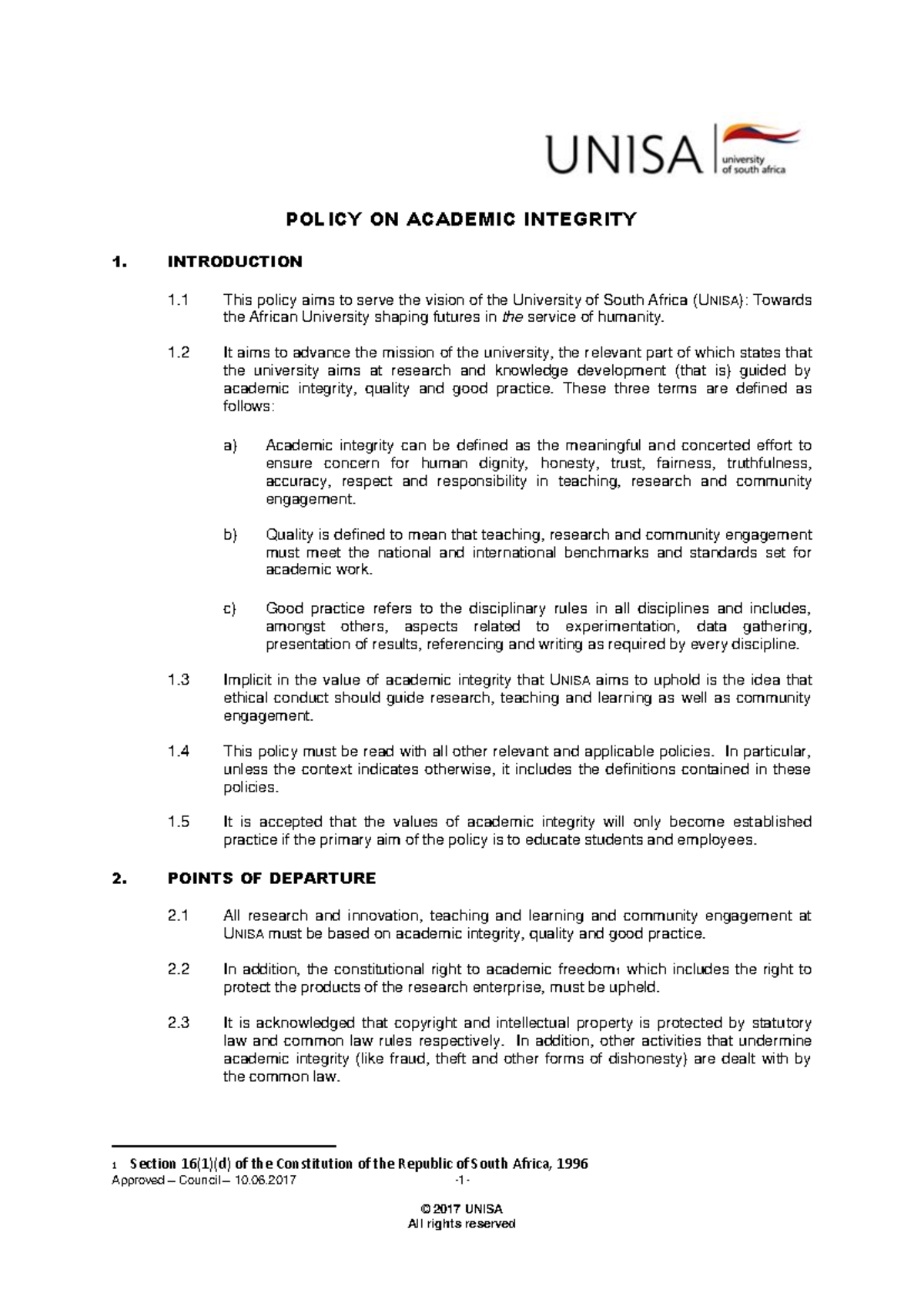 Policy on Academic Integrity - Approved – Council – 10. 06 .2017 - 1 ...