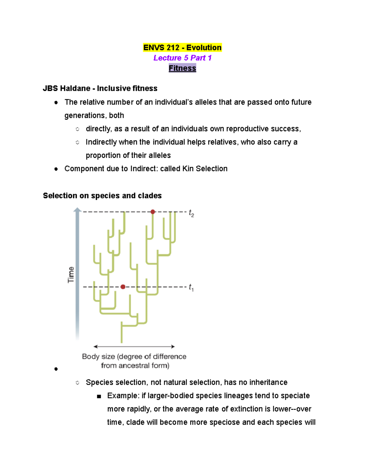 ENVS 212 Lecture 5 Part 1 - Spring 2020 - ENVS 212 - Evolution Lecture 5 Part 1 Fitness JBS ...