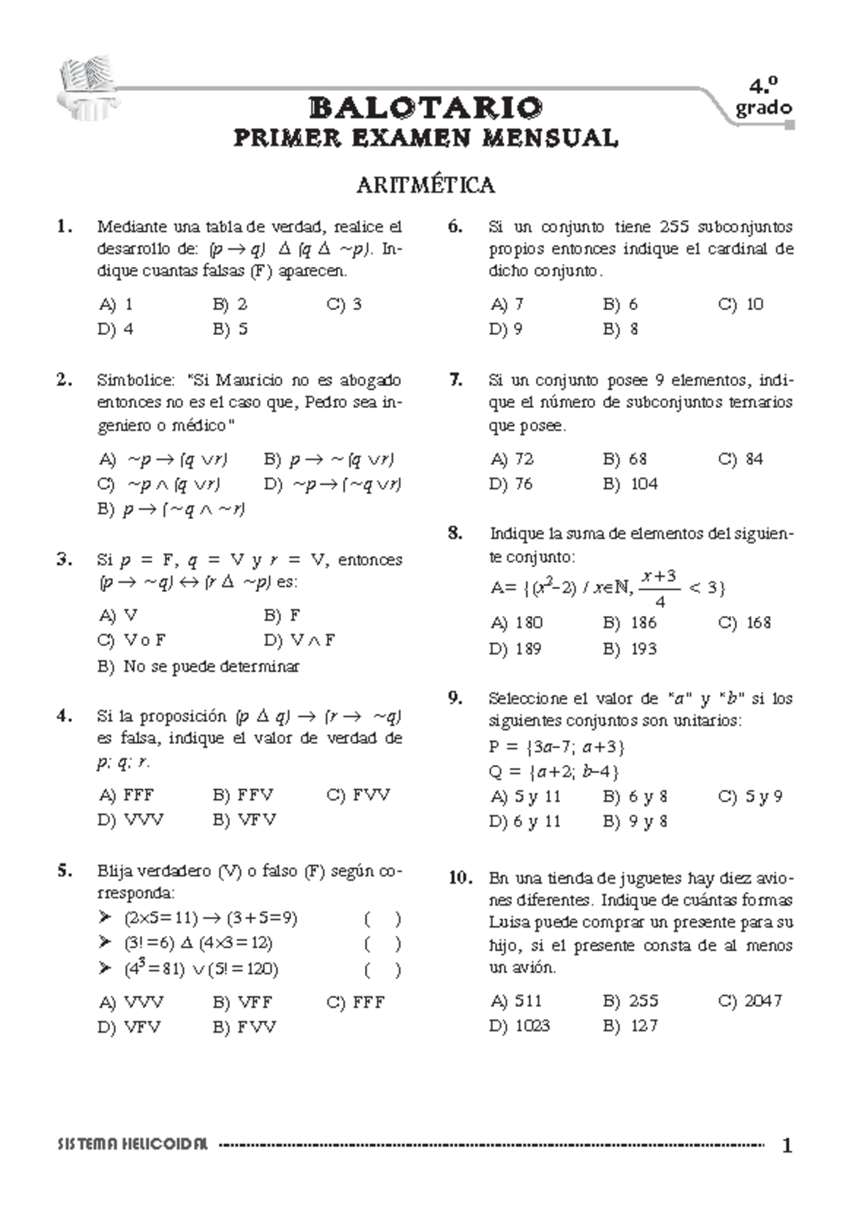 ARIT 4° Balot-EXAM-MEN-18 - 4 BALOTARIO grado PRIMER EXAMEN MENSUAL ...