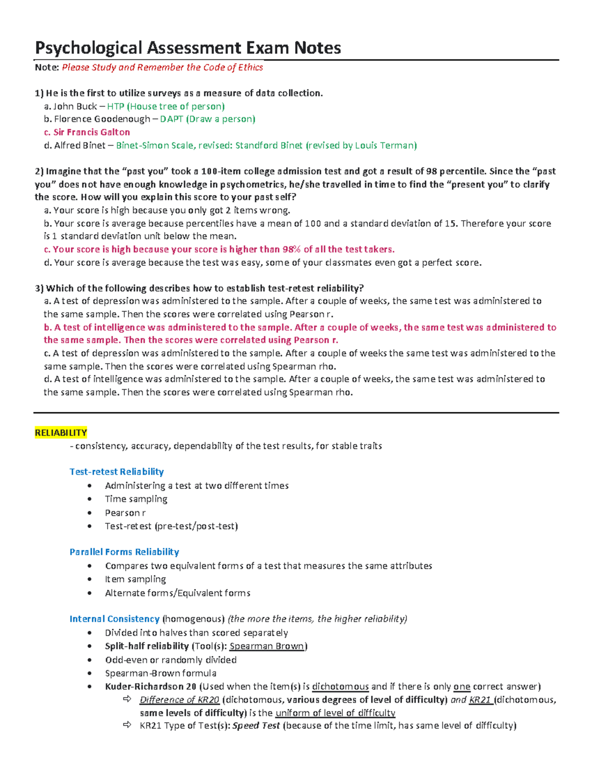 Psych Assessment Exam Notes - Psychological Assessment Exam Notes Note ...
