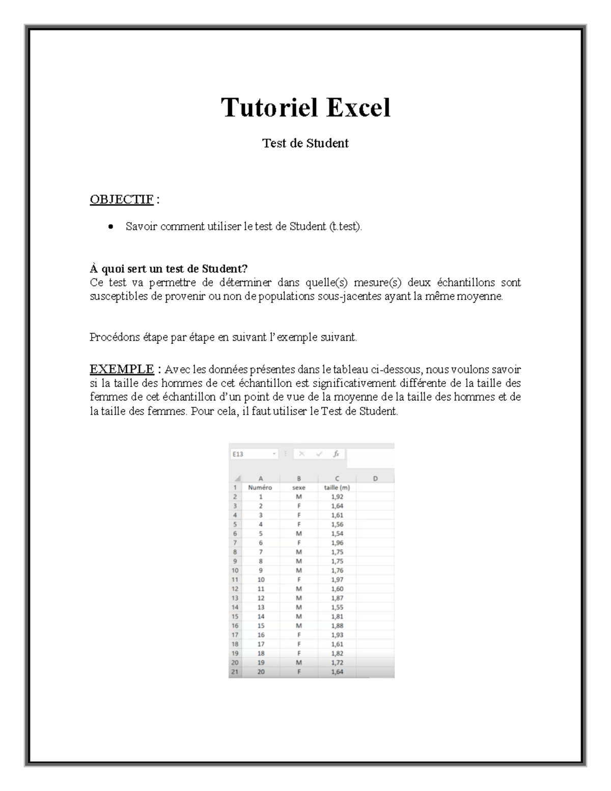 Test de Student Excel - Tutoriel Excel Test de Student OBJECTIF ...
