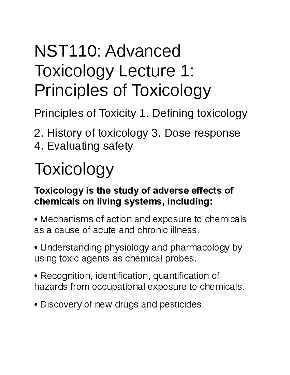 Tox 6 - notes and study guide - NST110: Advanced Toxicology Lecture 1 ...
