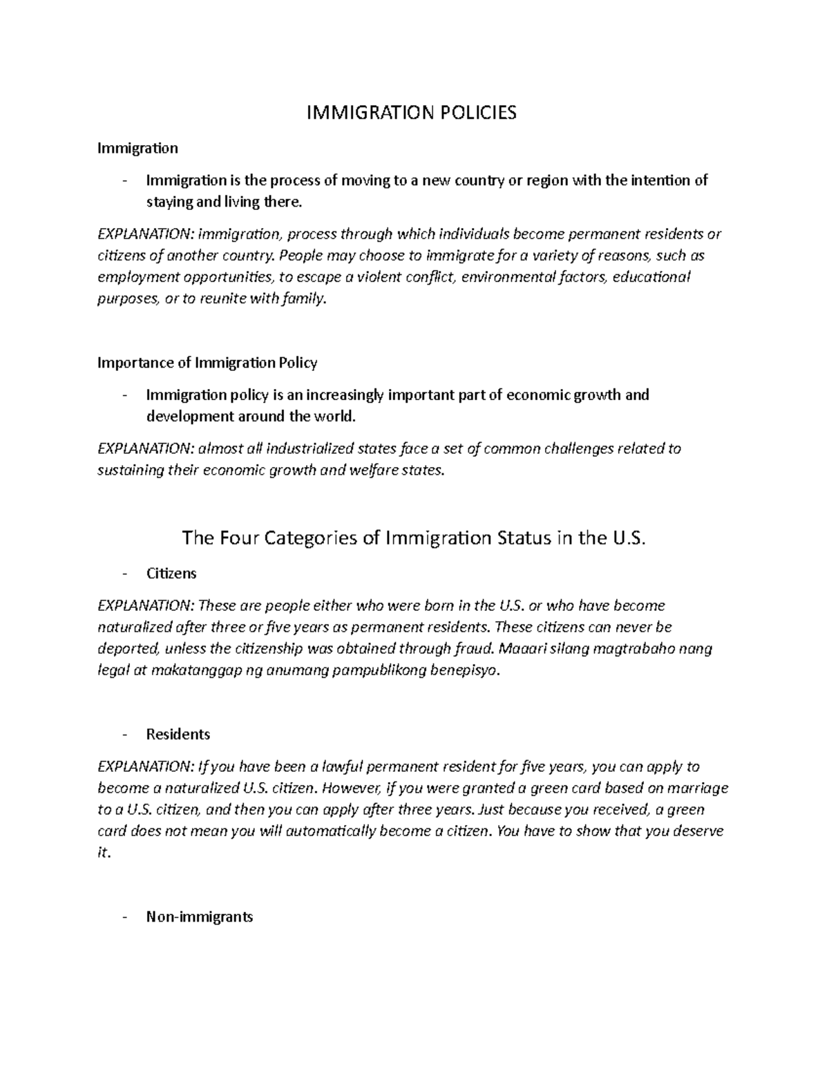 Immigration Policies - summary report - IMMIGRATION POLICIES ...