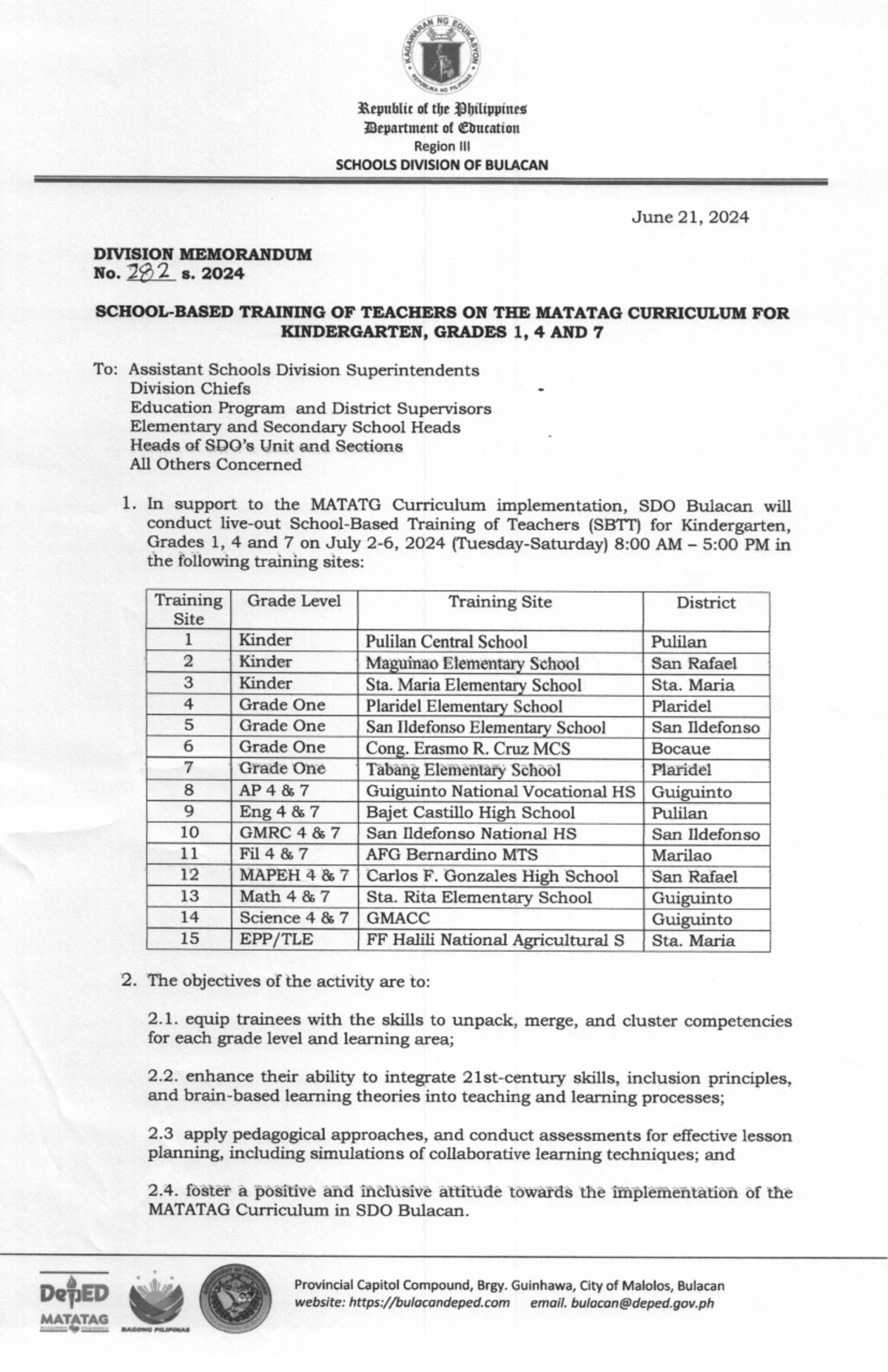 Division Memorandum NO 282 S 2024 2 - Education - Studocu