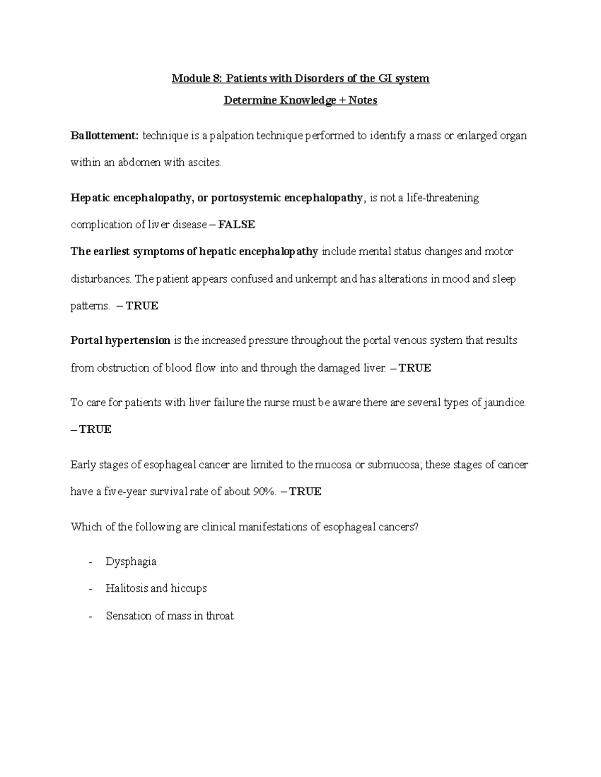 Determine Knowledge + Notes Module 8 - Module 8: Patients with ...