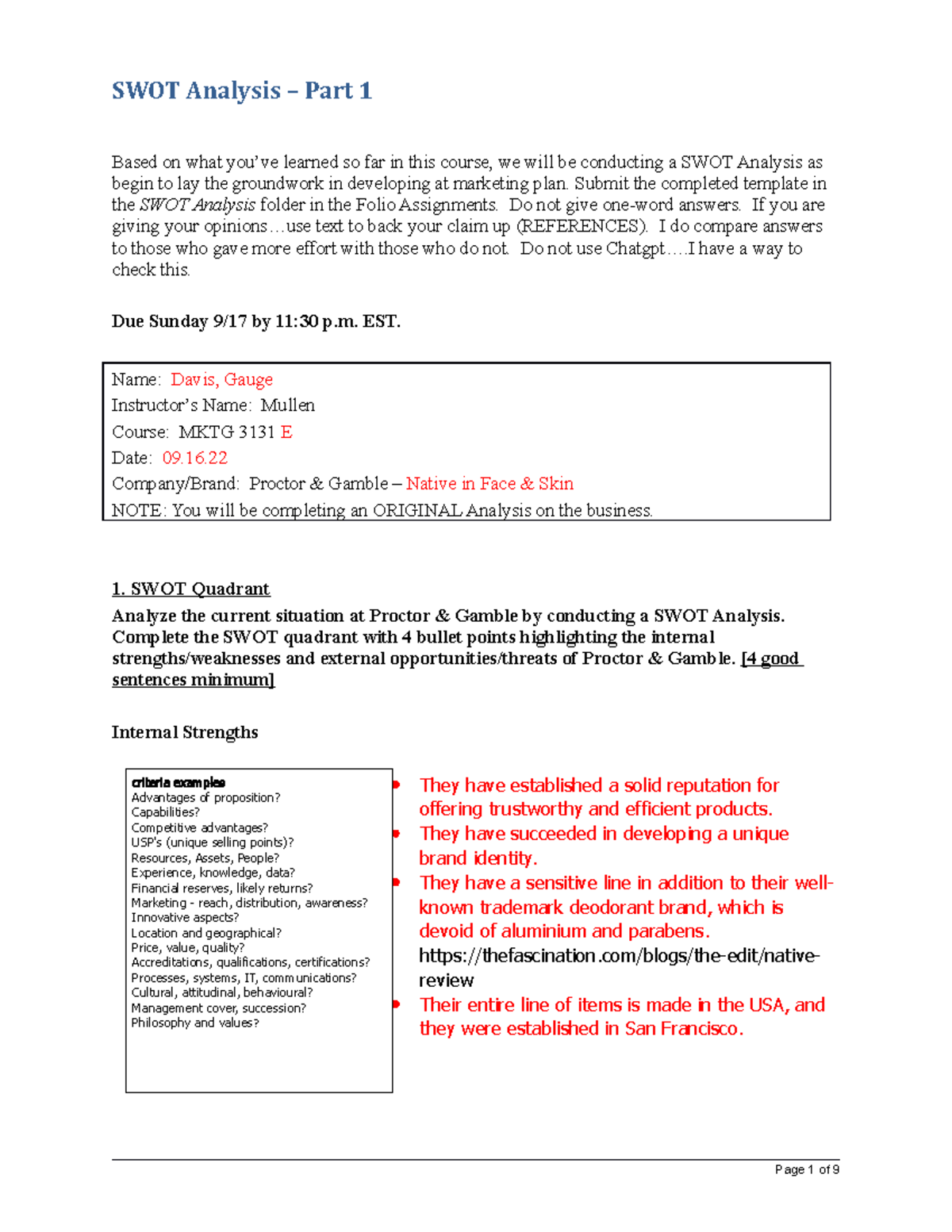 Davis Gauge SWOT GSU.Fall 2023 - Based on what you’ve learned so far in ...
