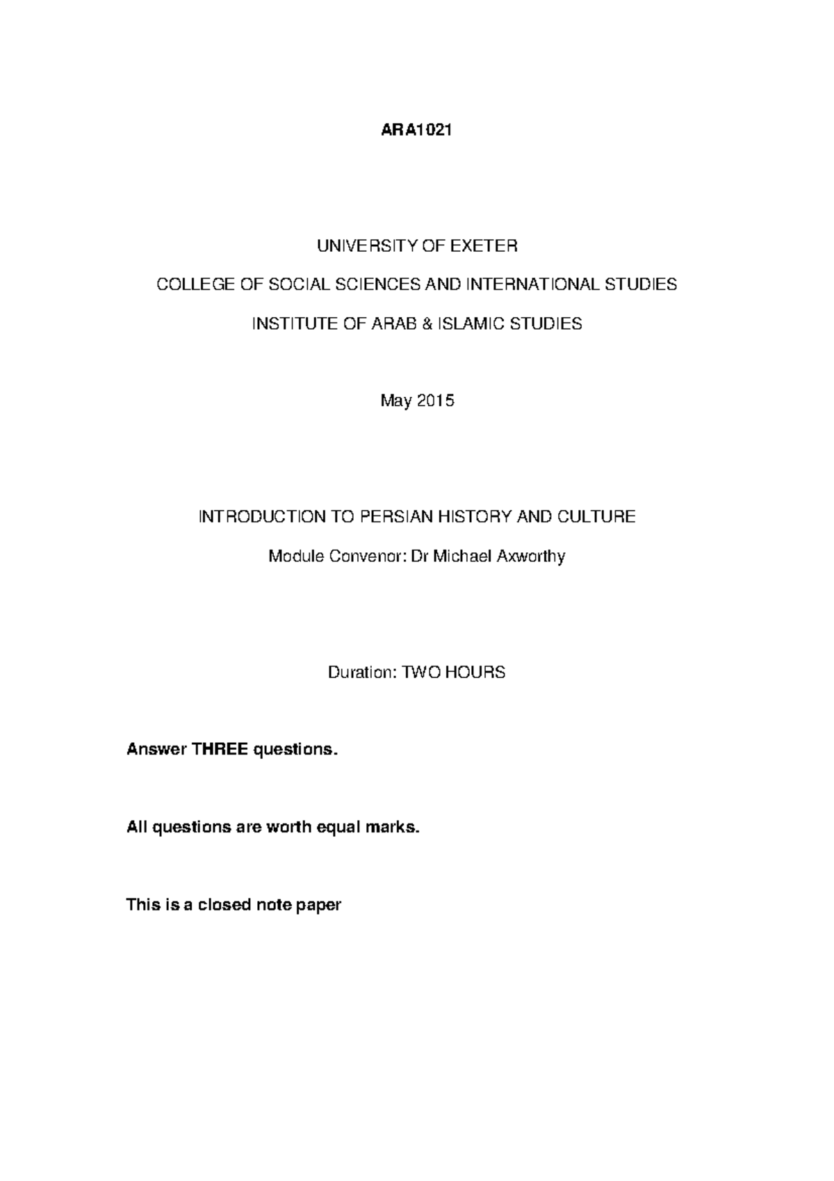 ARA1021-15May - Lecture notes 1 - ARA1021 UNIVERSITY OF EXETER COLLEGE ...