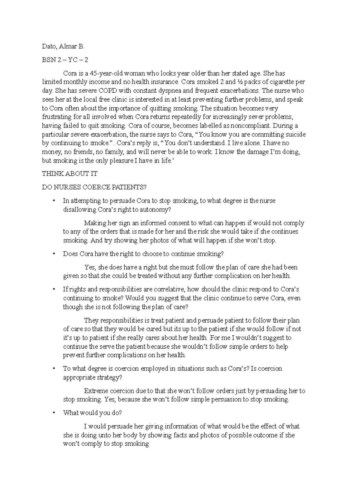 Answers Course TASK 2 Module 1-4(DATO) - Dato, Almar B. BSN 2 – YC – 2 Cora is a 45-year-old ...