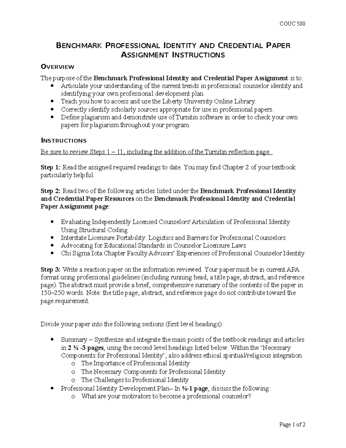 COUC 500 Benchmark Professional Identity and Credential Paper ...