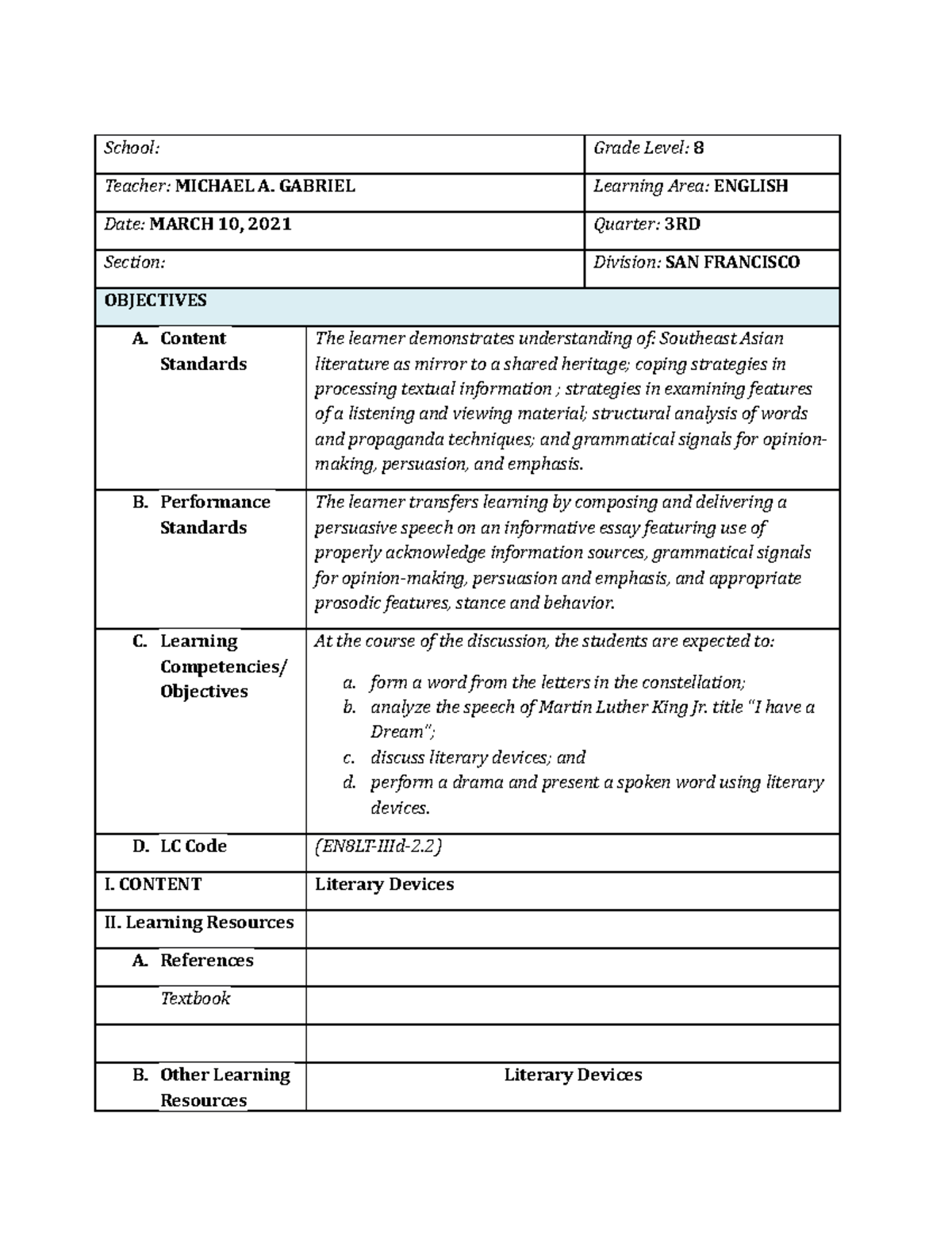 Gabriel LP-WEEK6 - Lesson Plan - School: Grade Level: 8 Teacher ...