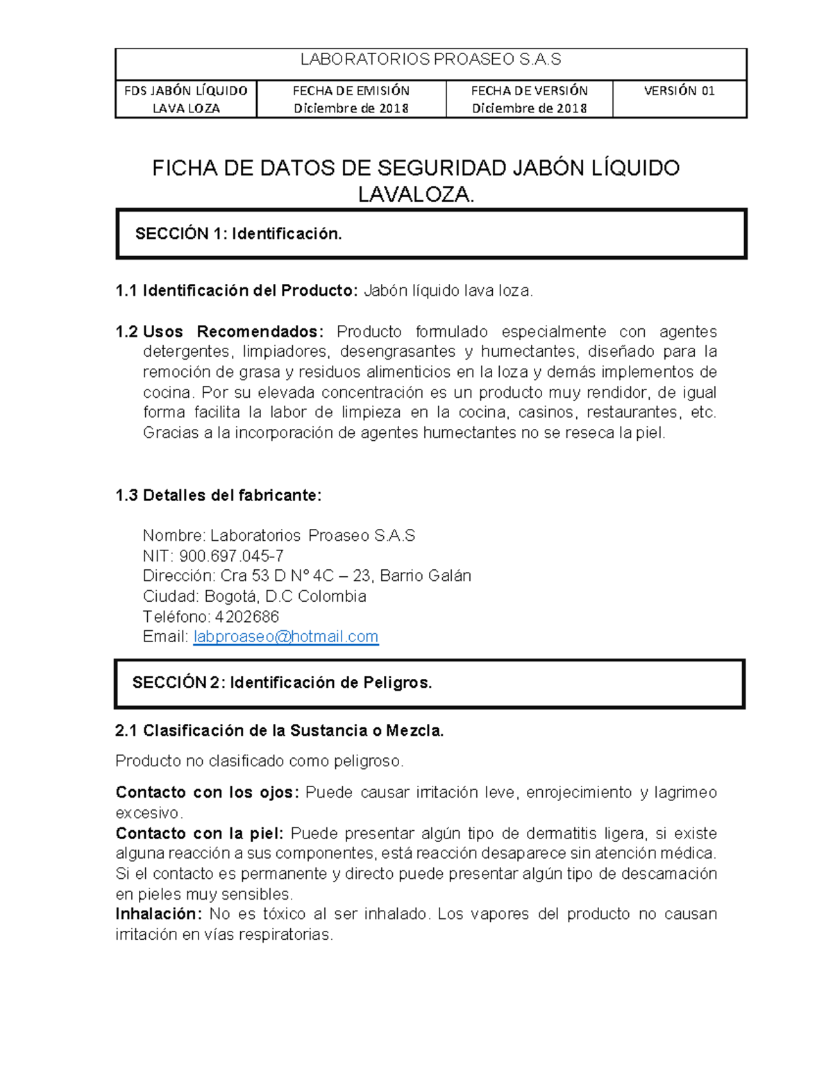 Ficha de datos de seguridad Jabon Liquido Lavaloza - FDS JABÓN LÍQUIDO ...
