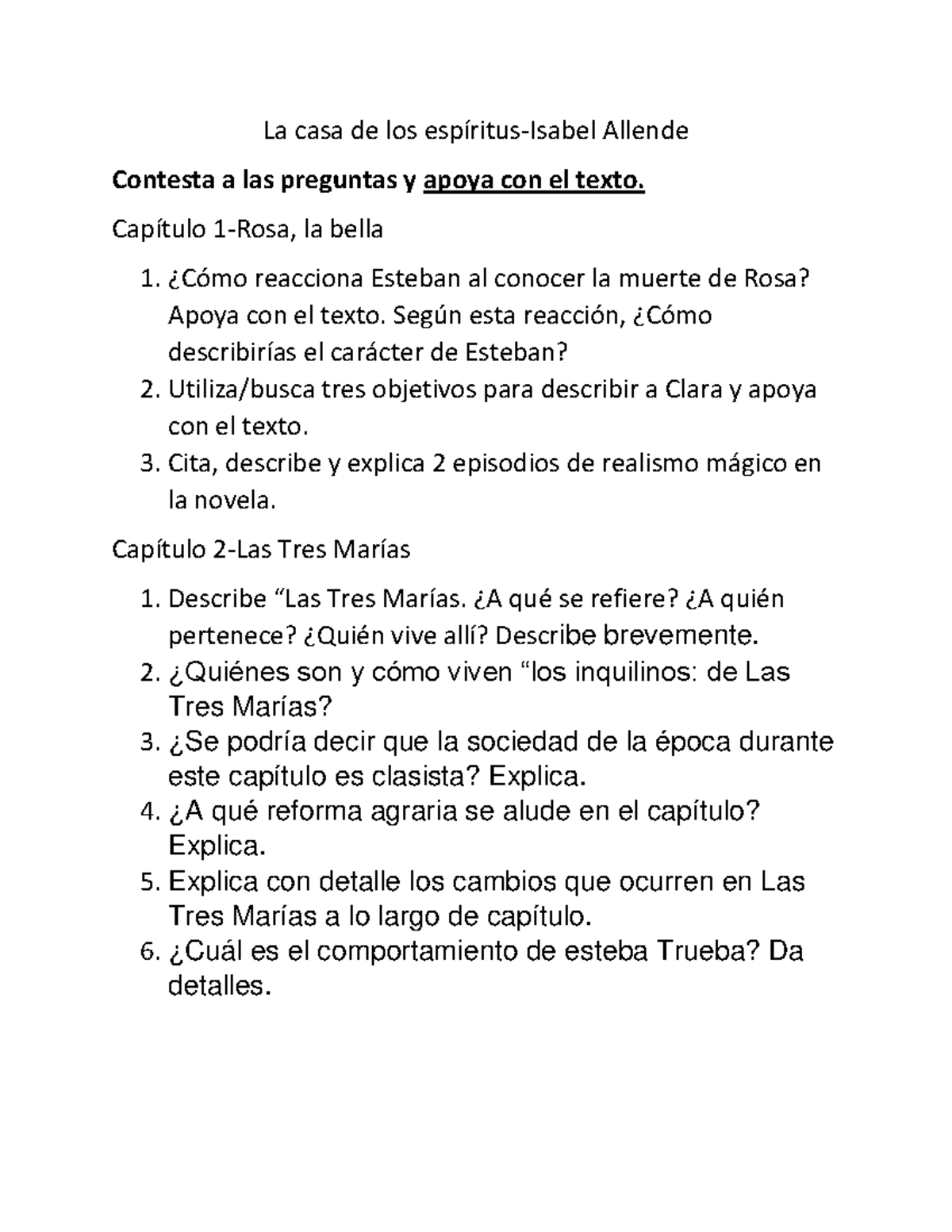 La casa de los espiritus-Isabel Allende-Preguntas Capitulos I-XIV - La ...