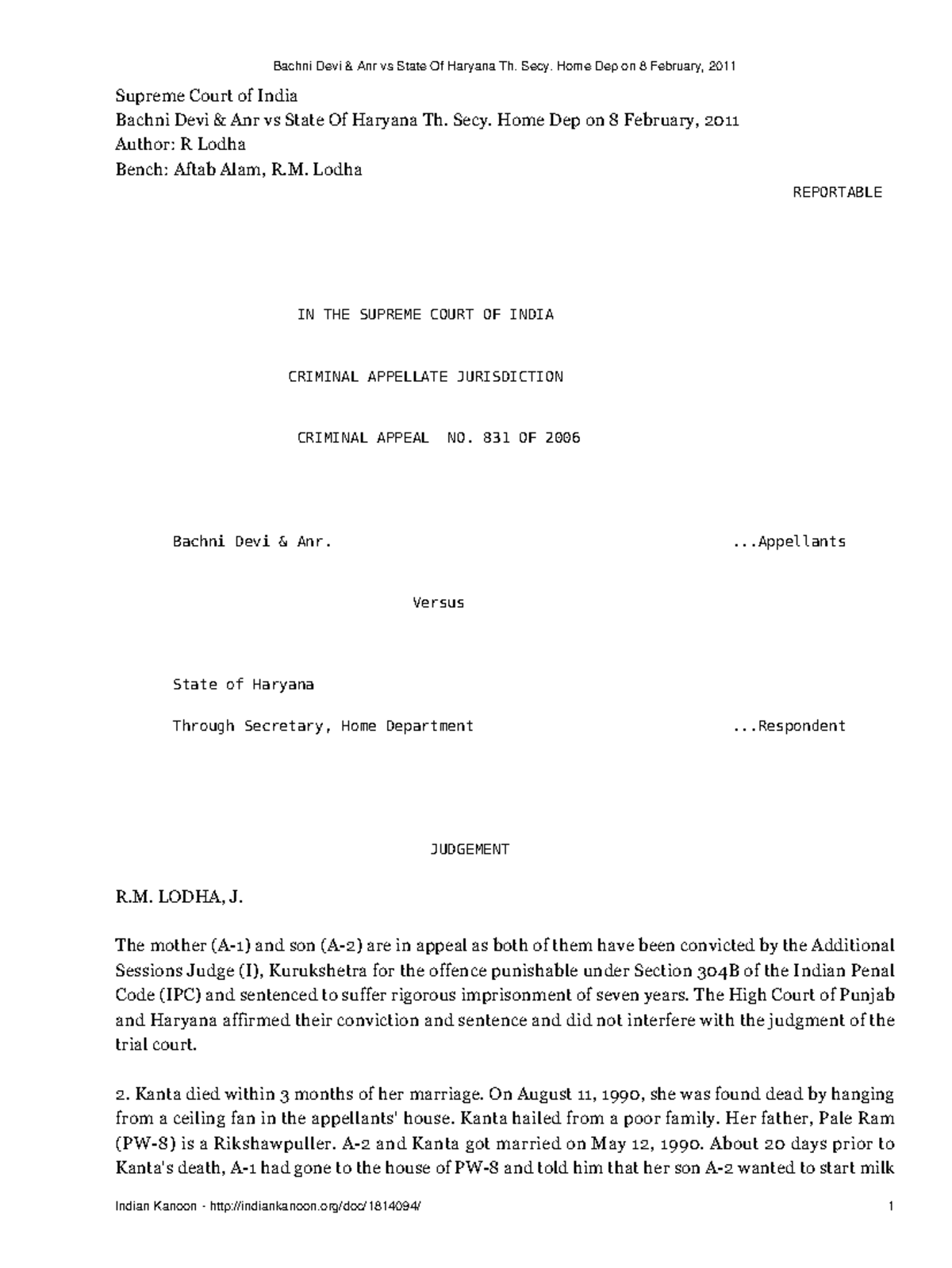 Bachni Devi Anr vs State Of Haryana Th Secy Home Dep on 8 February 2011 ...