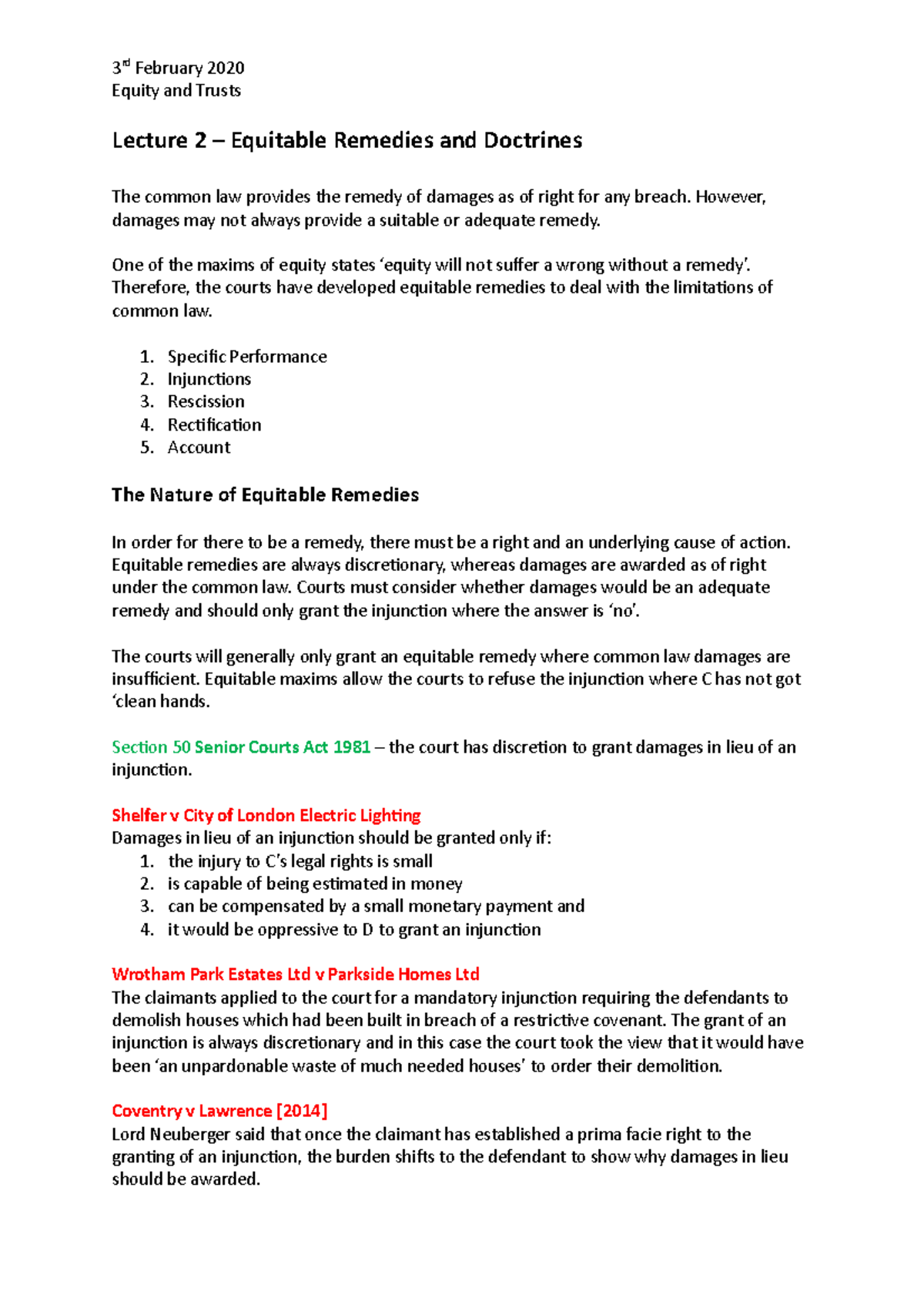 L2 Equitable Remedies - Equity and Trusts Lecture 2 – Equitable ...