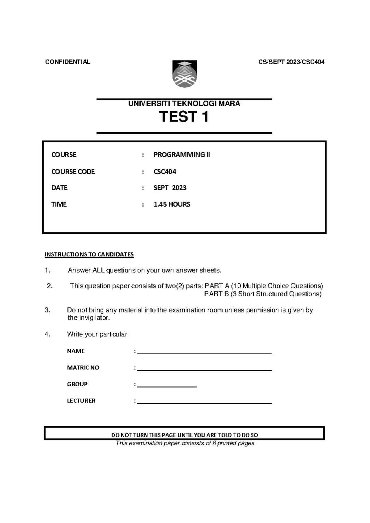 CSC404 TEST 1 SEPT 2023 - test - COURSE : PROGRAMMING II COURSE CODE ...