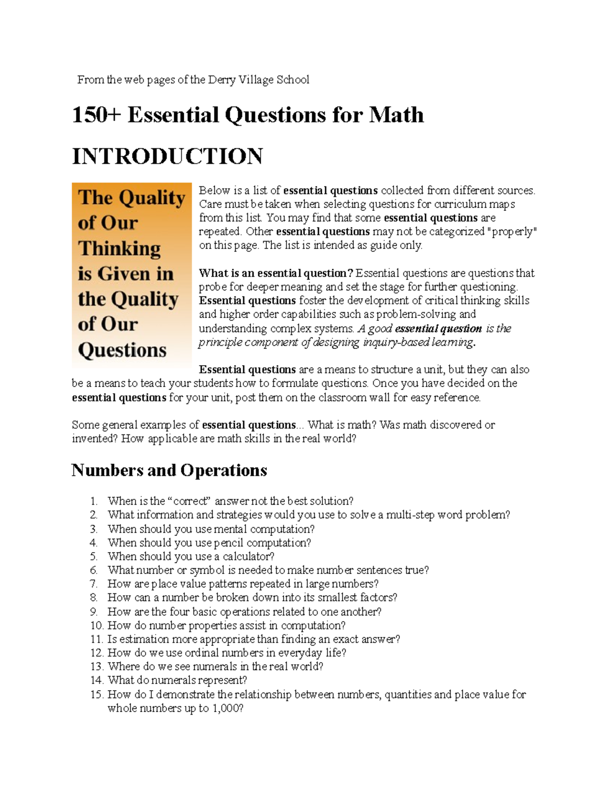 150 Essential Questions - Care must be taken when selecting questions ...