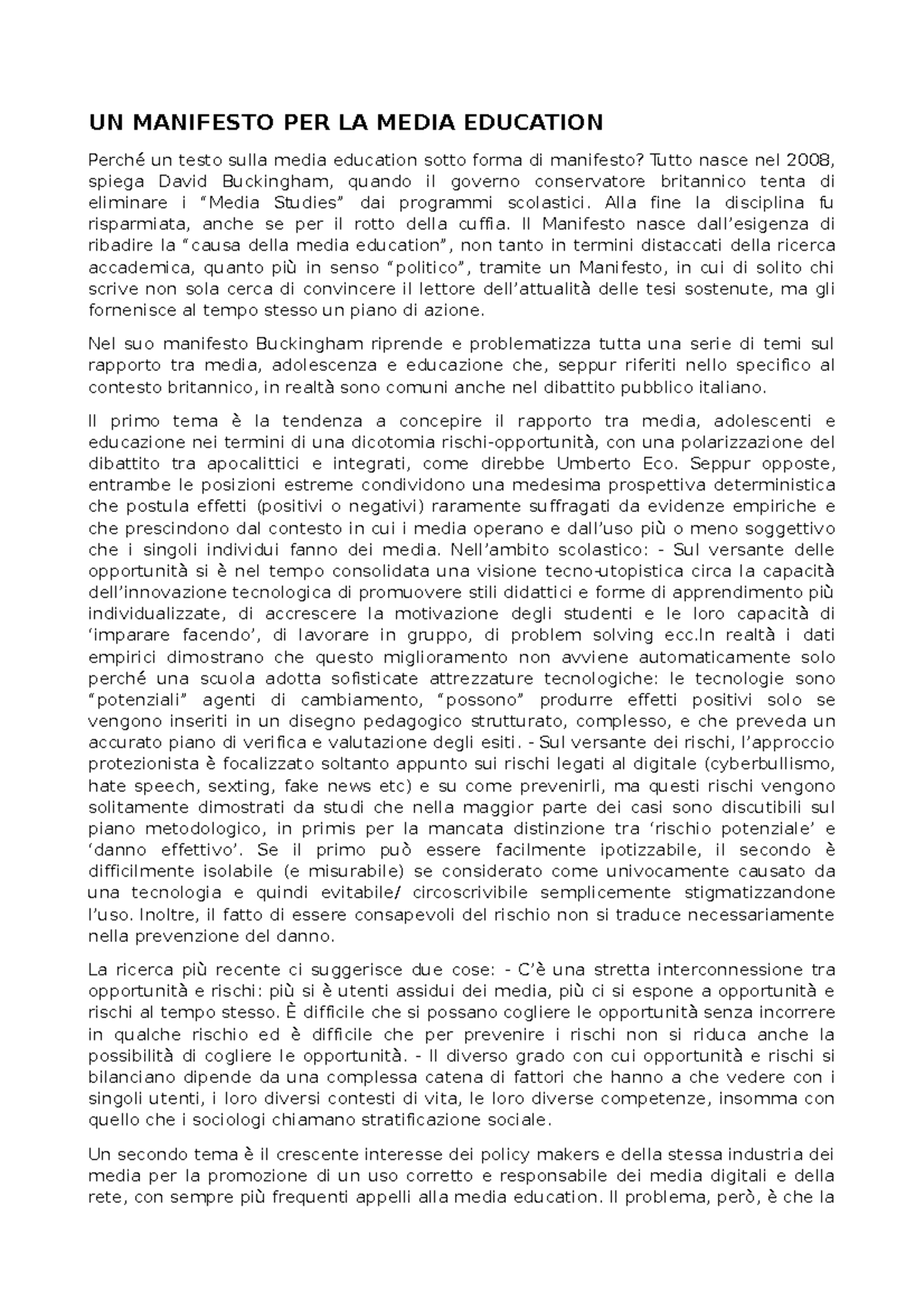 Introduzione UN Manifesto PER LA Media Education - UN MANIFESTO PER LA ...