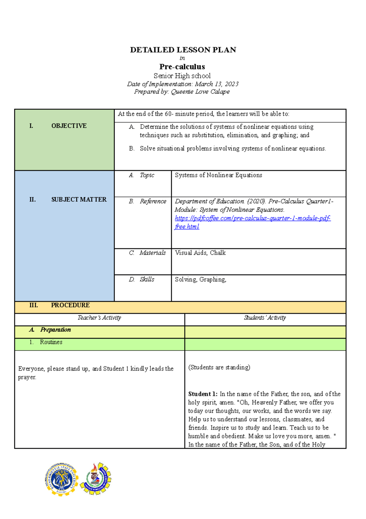 Calculus Calape - Lesson Plan Education - DETAILED LESSON PLAN in Pre ...