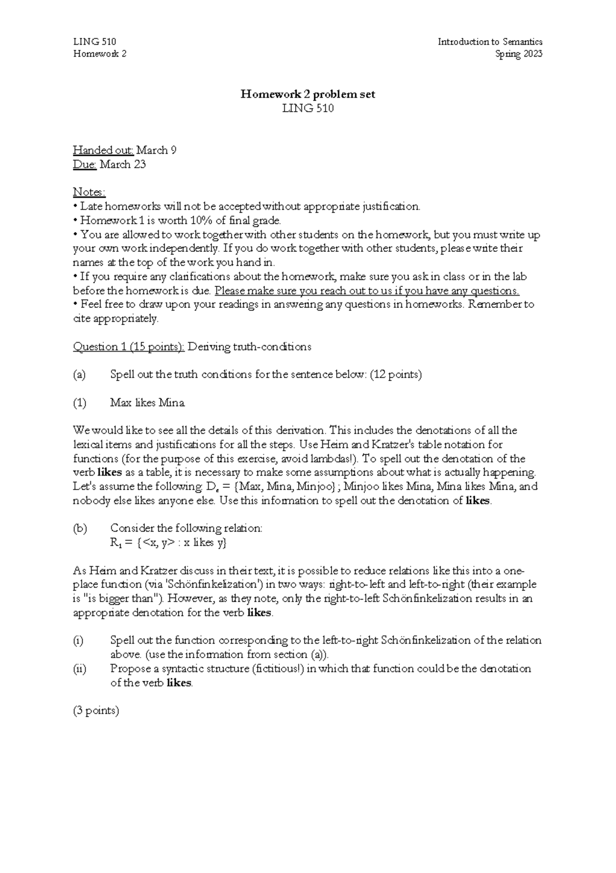 Homework 2 - HW 2 - LING 510 Introduction to Semantics Homework 2 ...