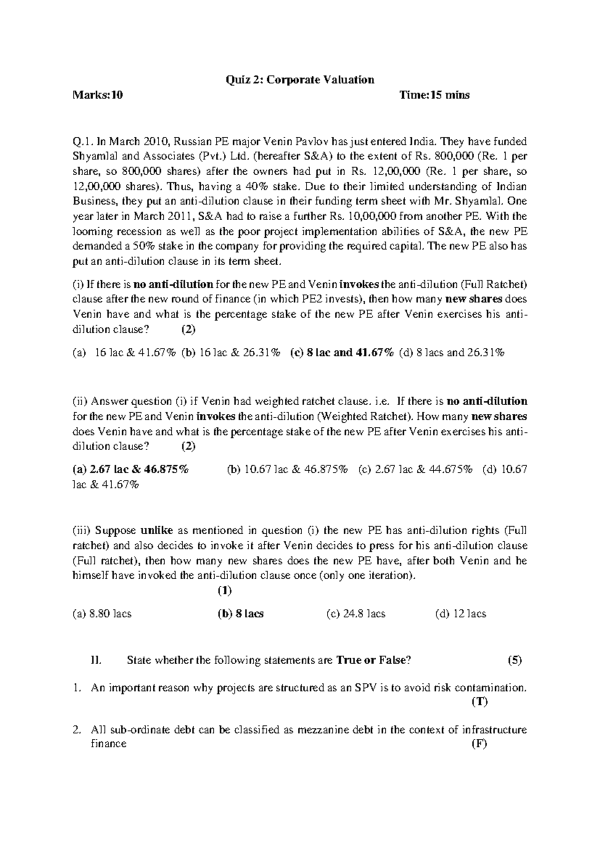 CV Quiz 2-Solution - dc, - Quiz 2 : Corporate Valuation Marks: 10 Time ...