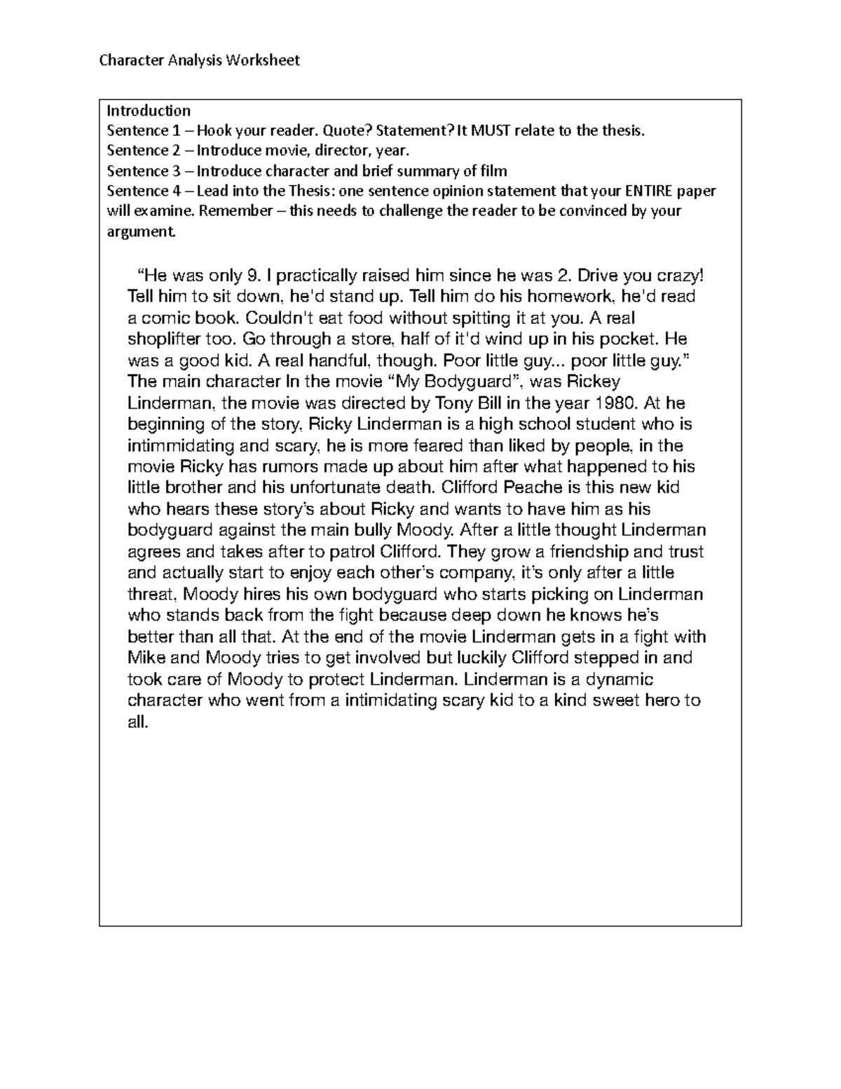 Character Analysis Worksheet - Introduction Sentence 1 – Hook your ...