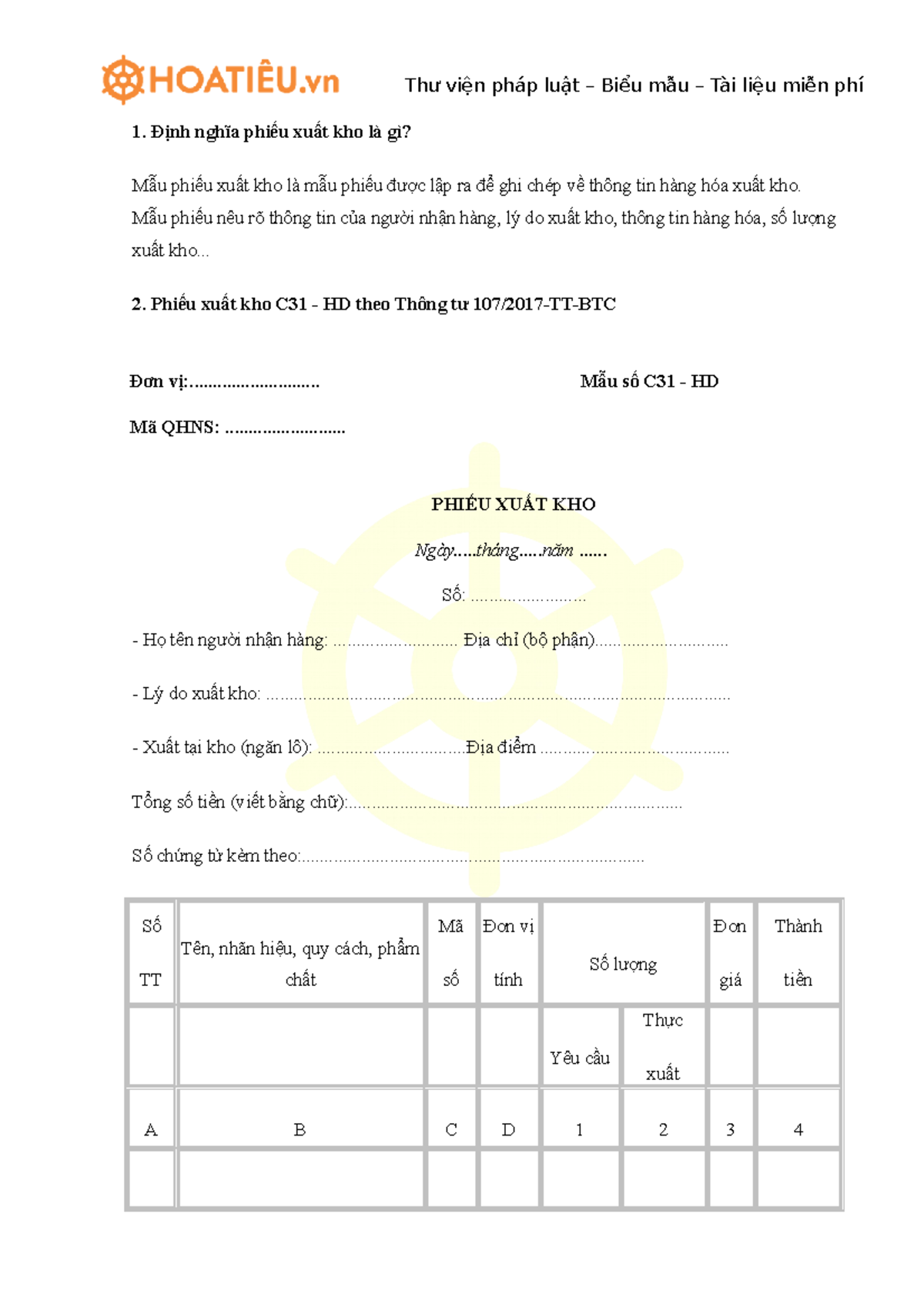 Mau-phieu-xuat-kho C31 - Định nghĩa phiếu xuất kho là gì? Mẫu phiếu xuất kho là mẫu phiếu được ...