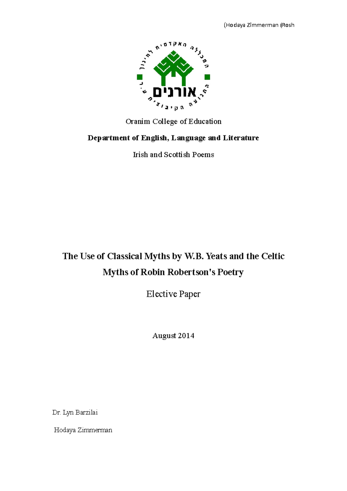 Hodaya - first draft Yeats and Robinson - Hodaya Zimmerman (Rosh ...