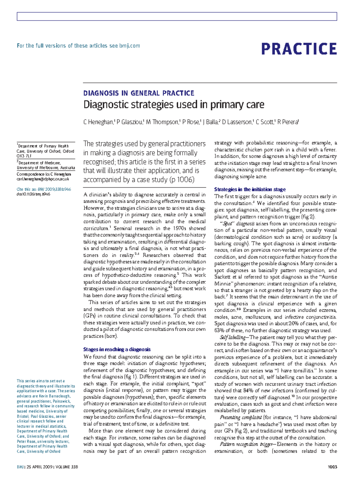 Clinical Reasoning henegan - PRACTICE DIAGNOSIS IN GENERAL PRACTICE ...