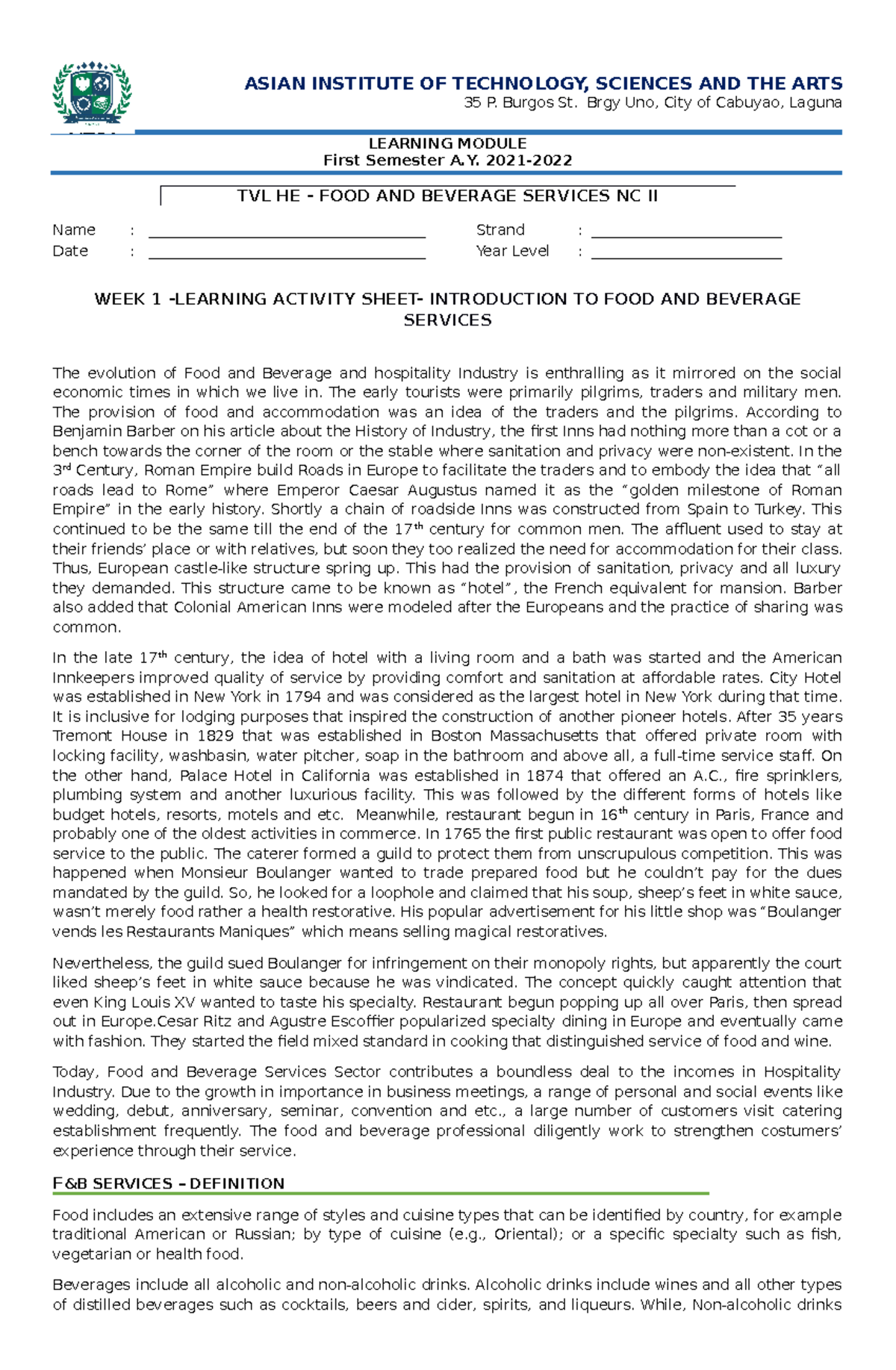 FBS WEEK 1-4 - asdfasdf - ASIAN INSTITUTE OF TECHNOLOGY, SCIENCES AND ...