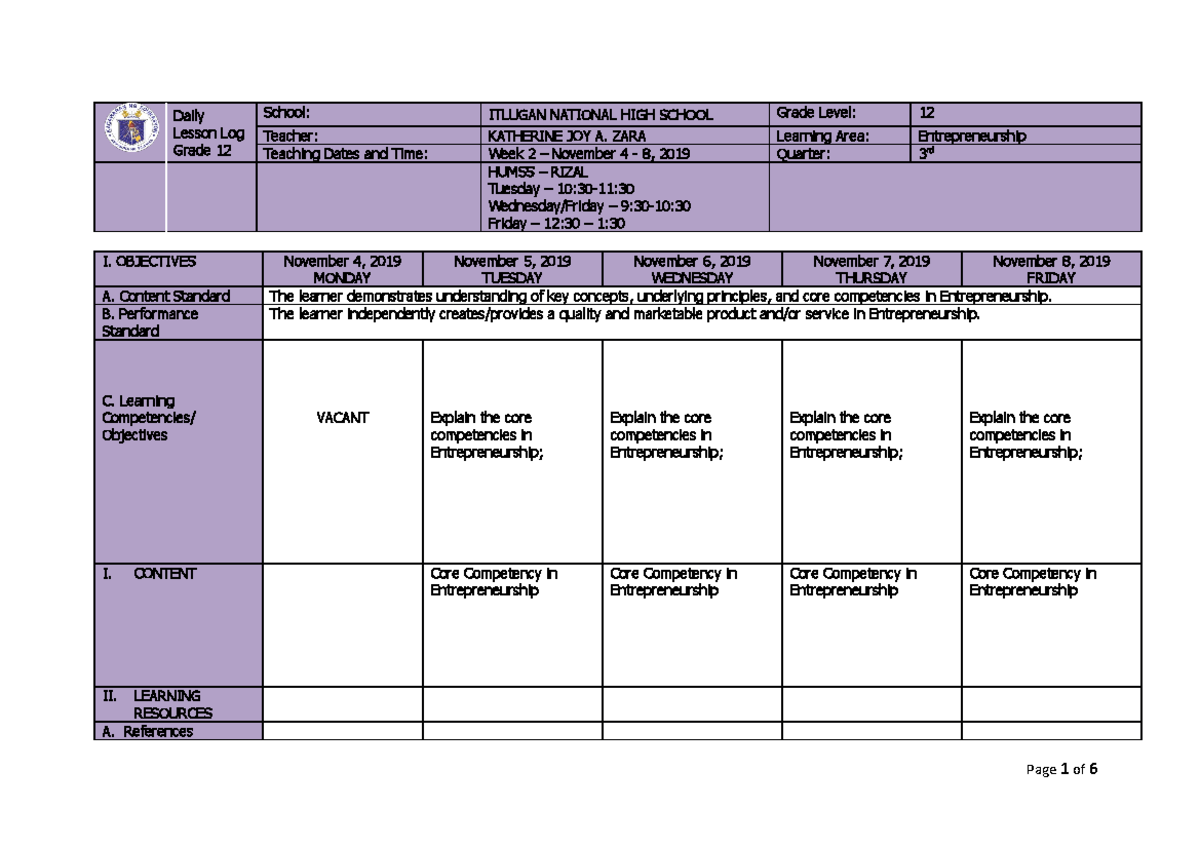 DLL Entrep Week 2 - DLL FOR TEACHERS - Daily Lesson Log Grade 12 School ...