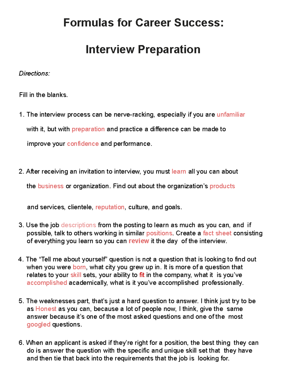 Worksheet - S Formulas for Career Success: T U Interview Preparation D ...